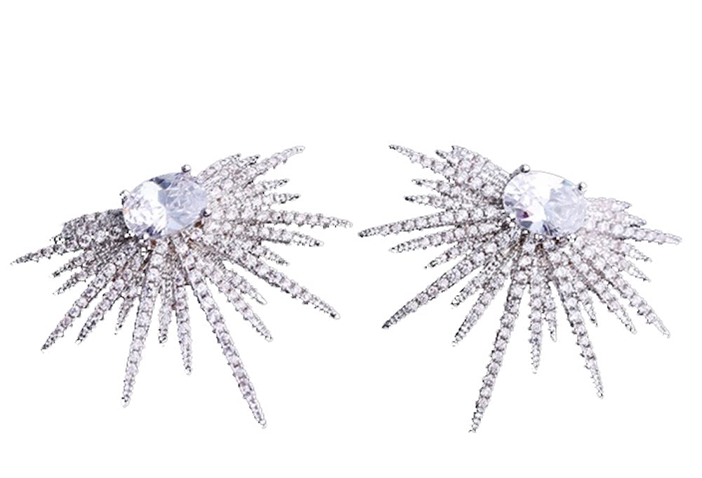 Silver Tone Art Deco Antique Vintage Retro Style Clear Rhinestone Bridal Bridesmaid Wedding Prom Starburst Earrings