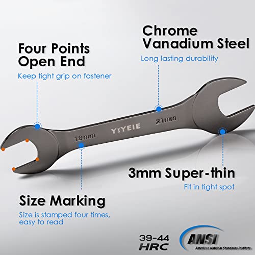 YIYEIE Super-Thin Open End Wrench Set, 10-Piece Metric, 5.5, 7, 8, 9, 10, 11, 12, 13, 14, 15, 16, 17, 18, 19, 20, 21, 22, 23, 24, 27 mm, Nickel Coating, CR-V Steel, Slim Wrench with Rolling Pouch