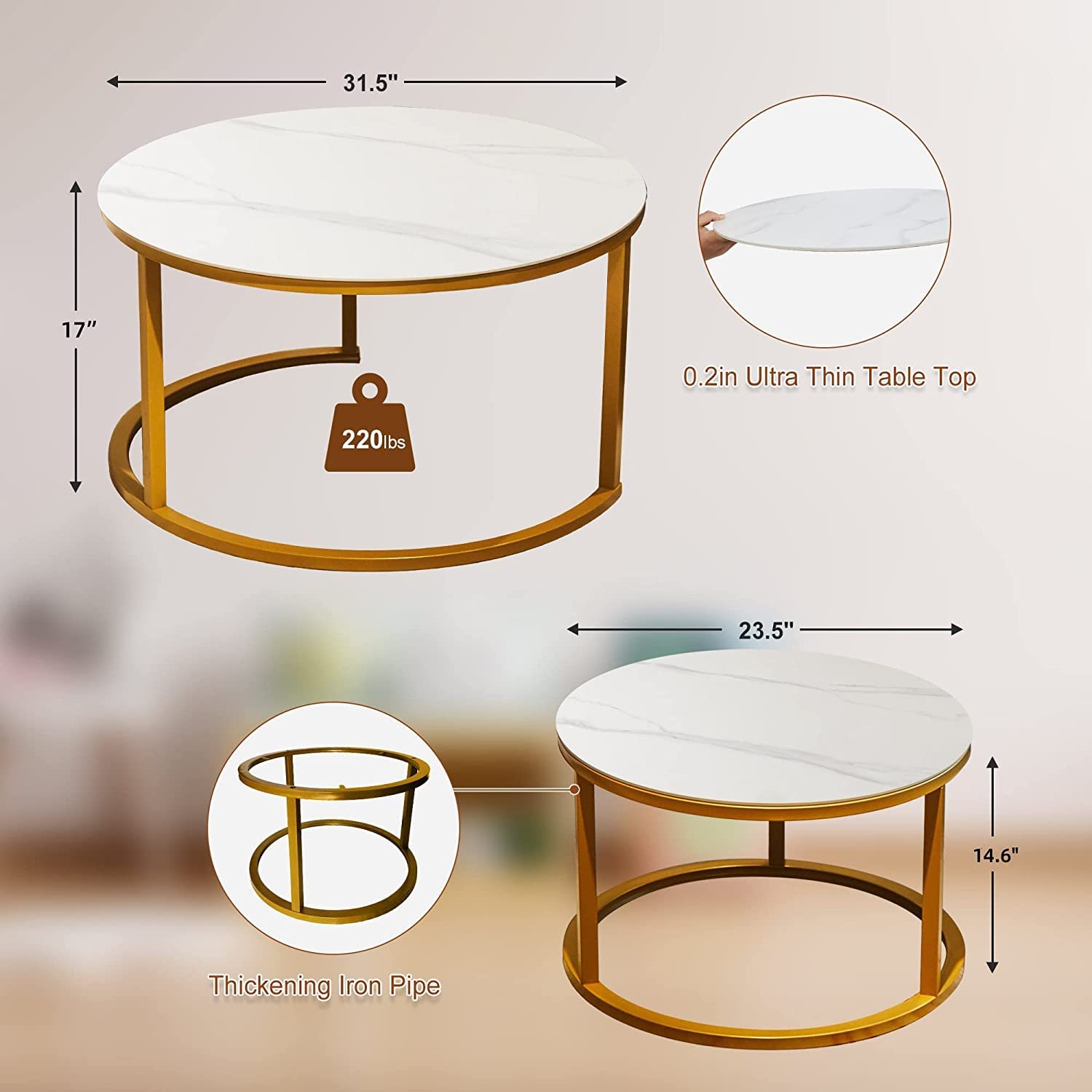 Nesting Coffee Table for Living Room, Set of 2 Modern Round Accent Table, Slate Center Table with Sturdy Metal Frame for Small Space, Easy to Assemble (White)
