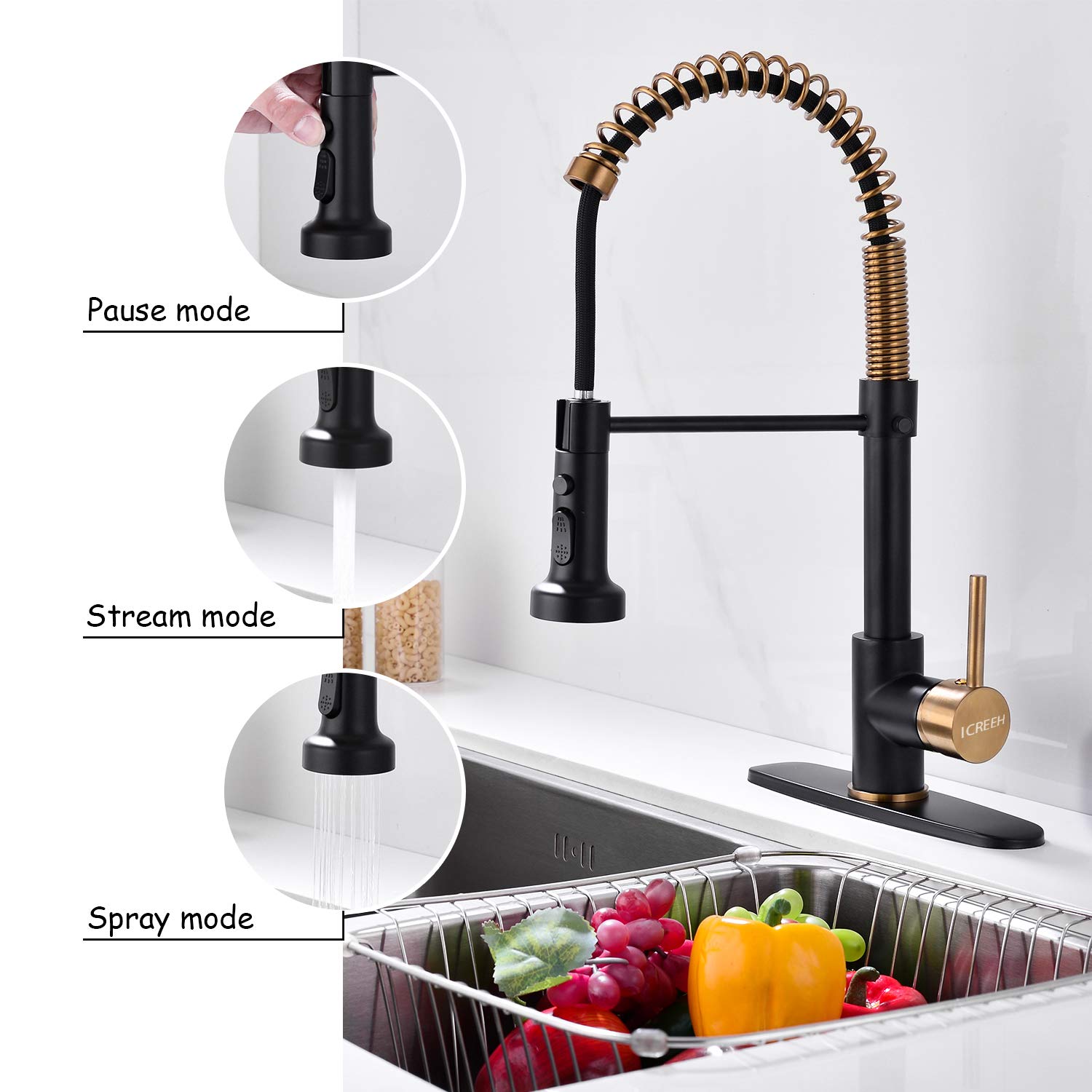 Matte Black and Gold Kitchen Faucet,Black and Gold Kitchen Faucet with Pull Down Sprayer Commercial Single Handle Spring Kitchen Faucet for Kitchen Sink,Matte Black & Gold