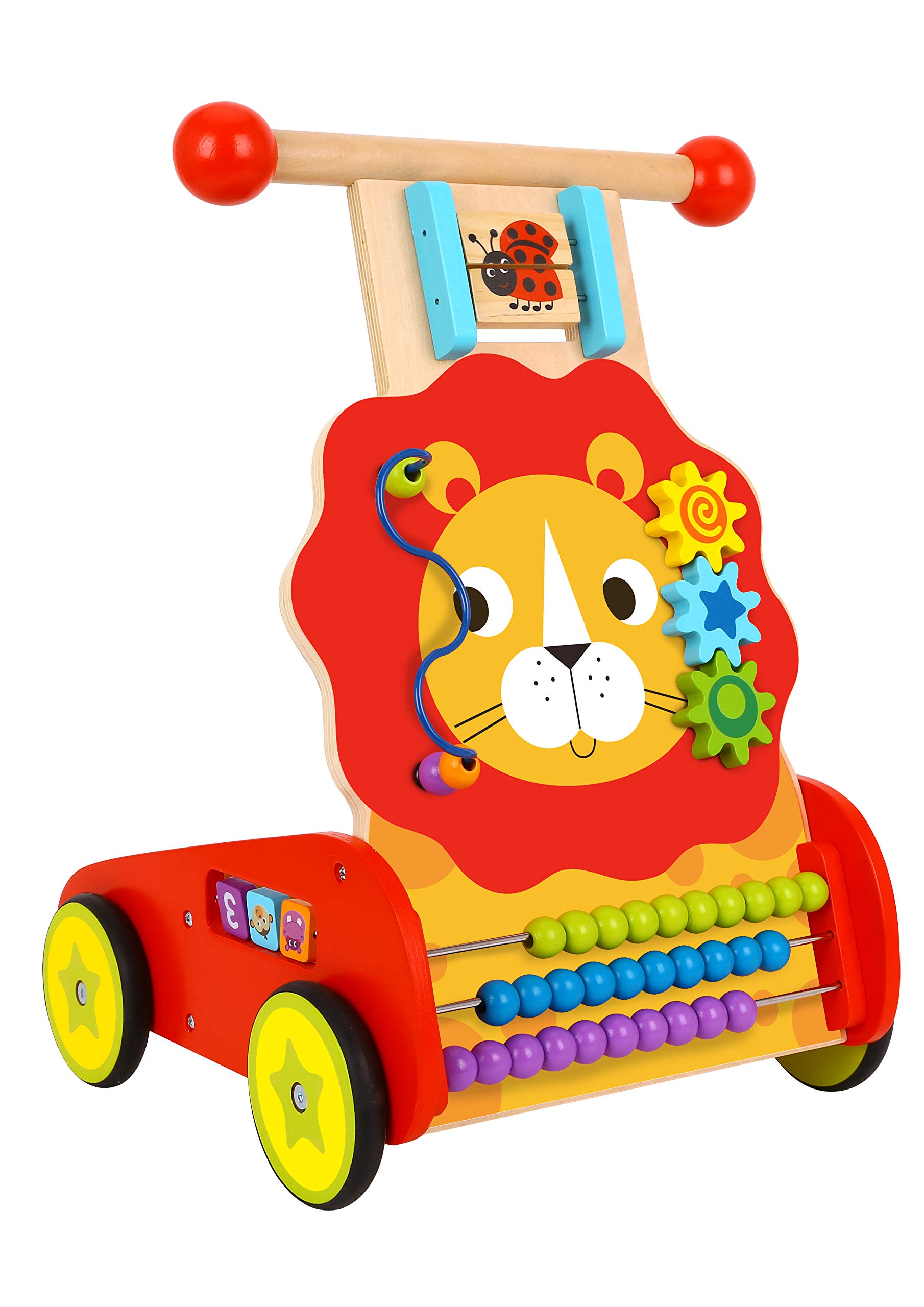 Pidoko Kids Lion Baby Walker Cart with Wheels - Wooden Activity Center Push and Pull Toy - for 1 Year Old and Up