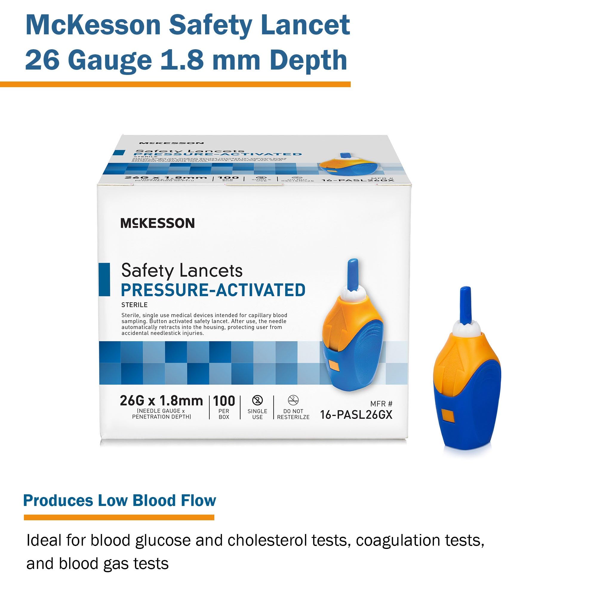 McKesson Safety Lancet, Retractable, Pressure-Activated Finger Device, Sterile - Ideal for Blood Testing - Single Use, 26 Gauge, 1.8mm Depth, 100 Count, 1 Pack