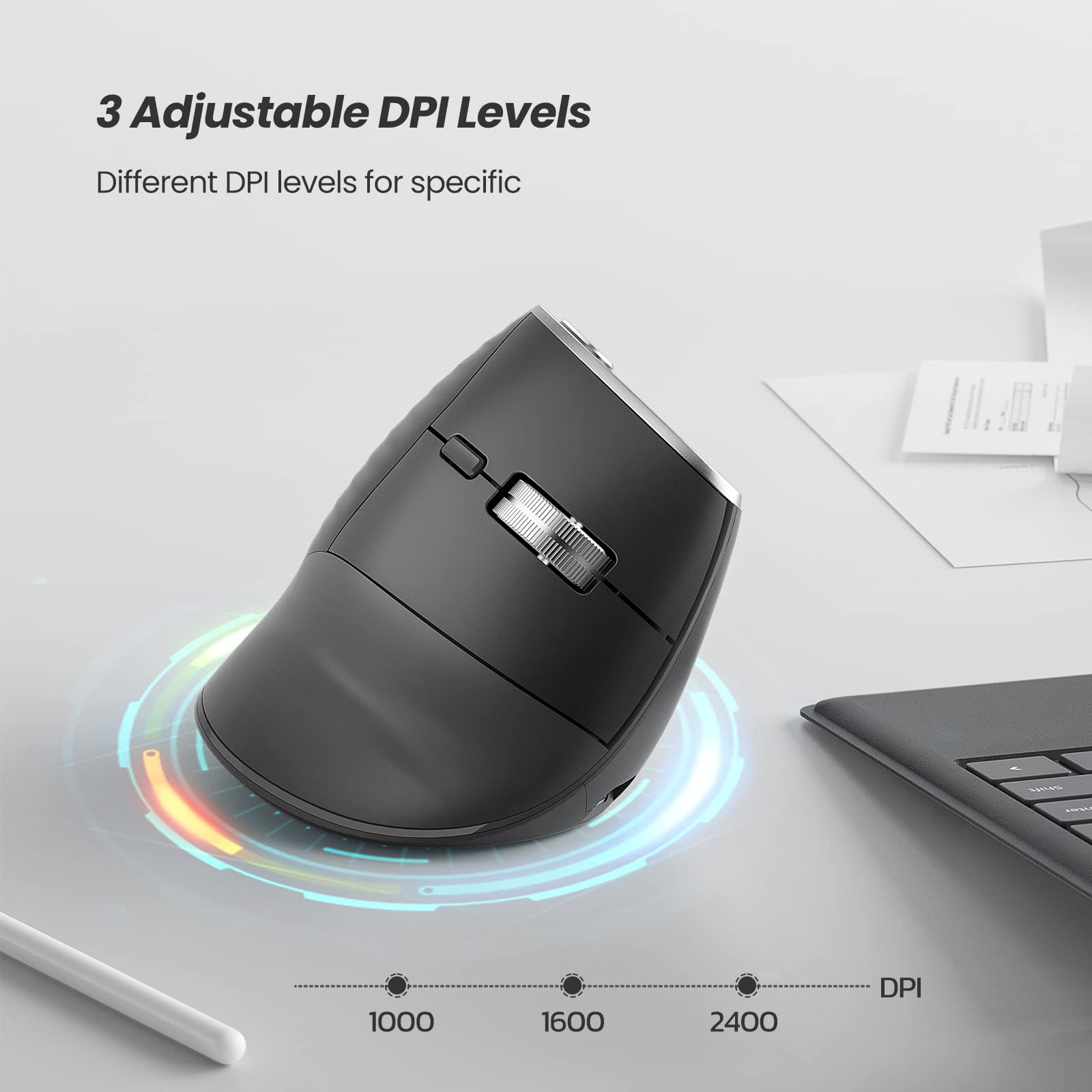 Wireless Vertical Mouse, Advanced Ergonomic Mouse Reduces Muscle Strain, 2400 DPI, USB C Rechargeable, 3 Device Connection (Bluetooth or USB), Compatible for PC, Laptop, iPad, Mac, Windows, Gray