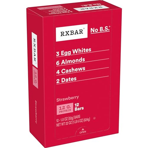 RXBAR Protein Bars, 12g Protein, Gluten Free Snacks, Strawberry, 22oz Box (12 Bars)