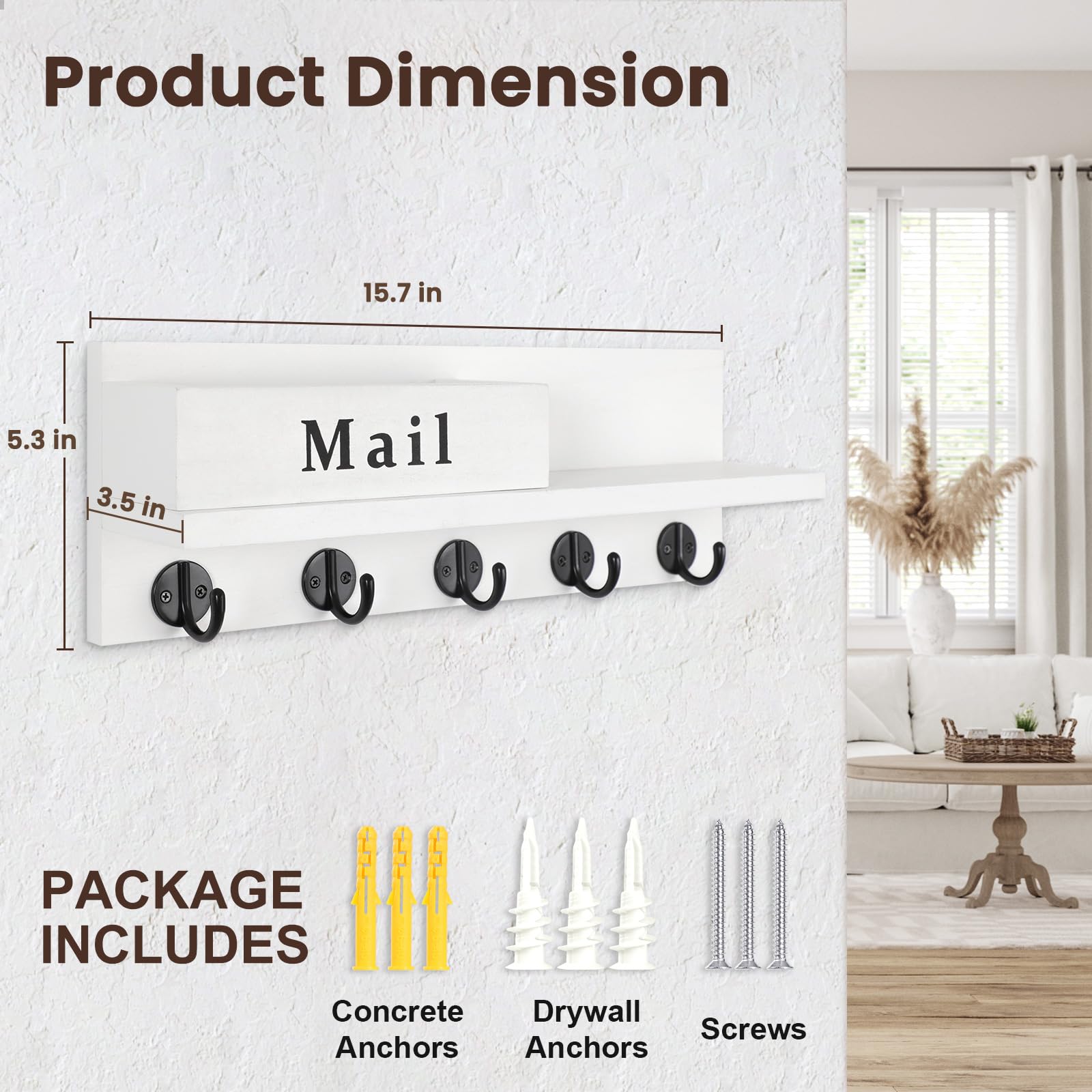 Nekon Key Holder for Wall - 15.7" x 5.3" x 3.5" Decorative Mail Organizer Wall Shelf with Hooks - Sturdy Paulownia Wood with 5 Thick Hooks for Rustic Home Décor (White)
