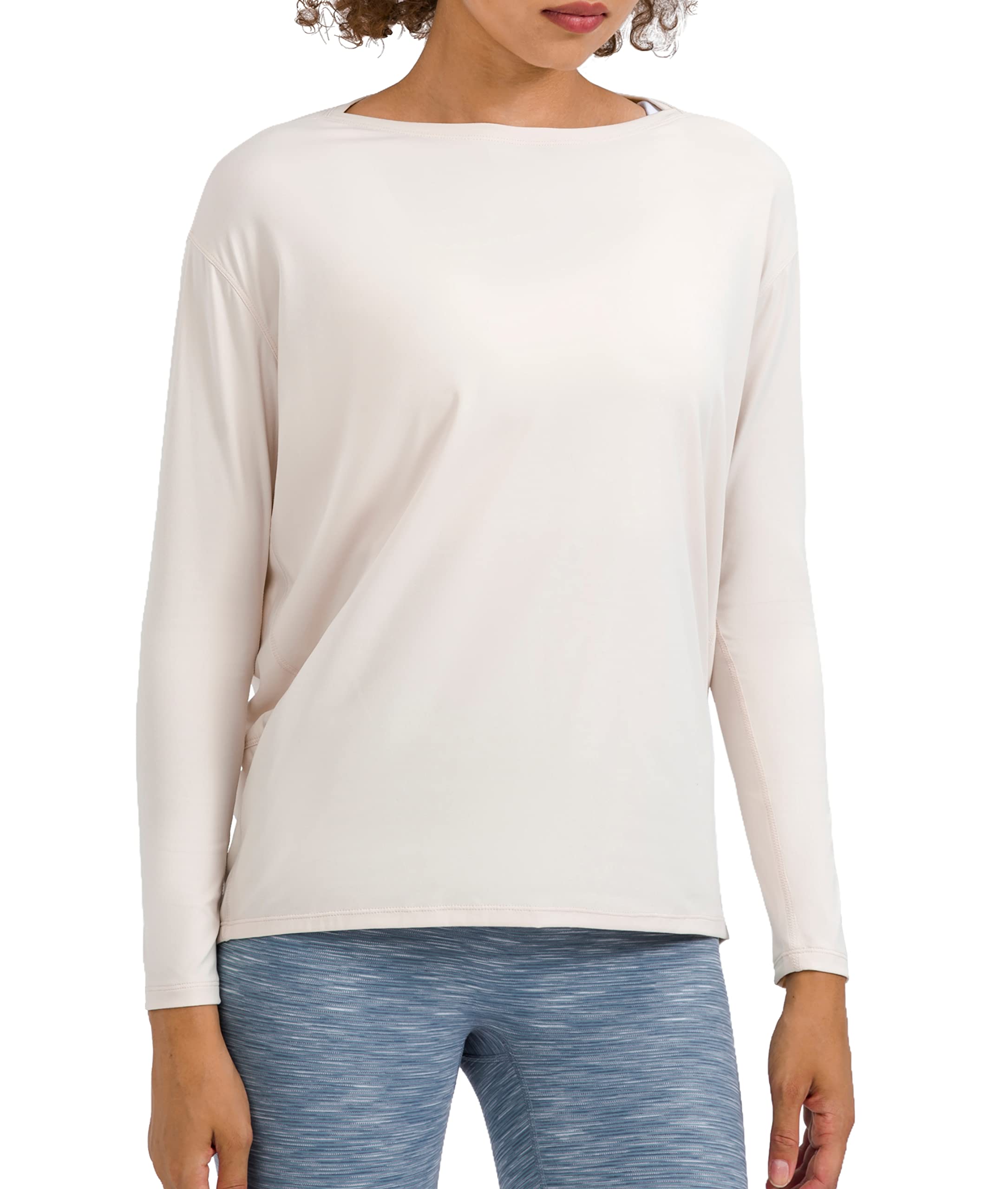 Women's Long Sleeve Workout Shirts Loose Fit Boatneck Soft Yoga Athletic Casual Tops Cream