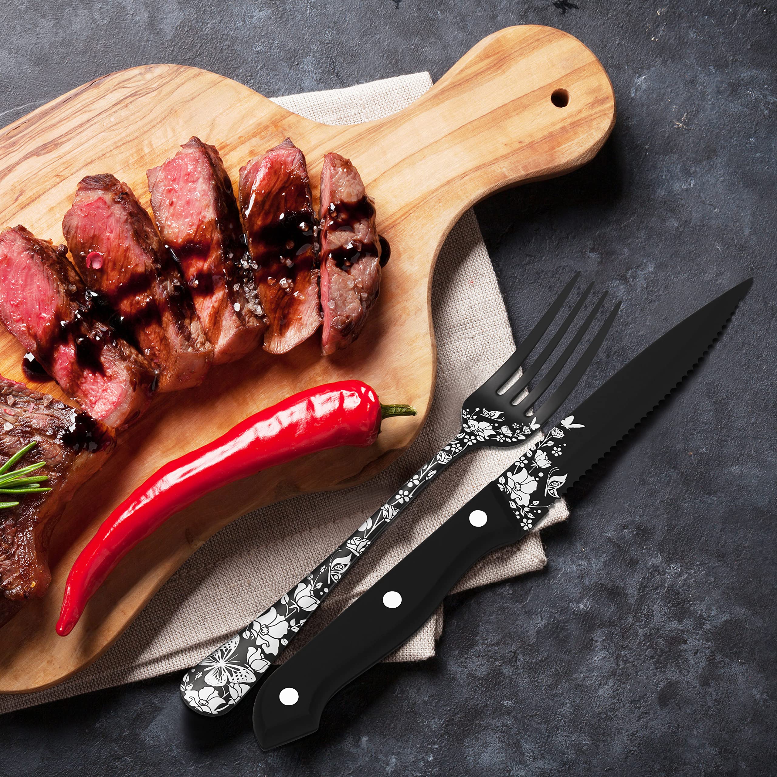 Stapava 24-Piece Black Silverware Set with Steak Knives for 4, Unique Stainless Steel Flatware Cutlery Set, Include Fork Spoon Knife Set, Mirror Polished, Dishwasher Safe Utensils