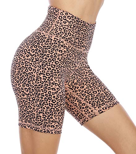 OVRUNS Biker Shorts for Women High Wasit Printed Yoga Shorts with Pockets Leopard Workout Running Athletic Cheetah Shorts - Brown - L