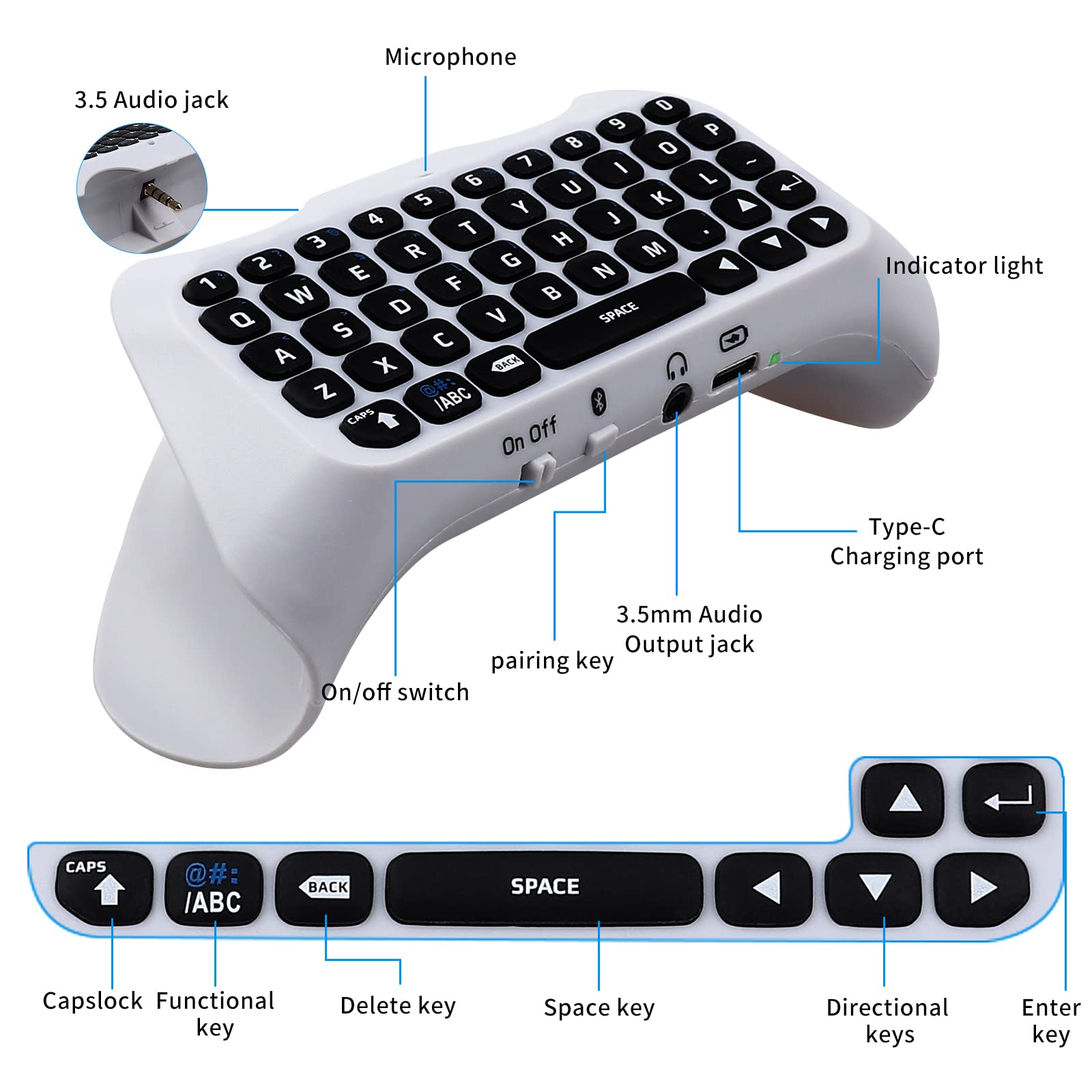 RALAN Wireless Keyboard for PS5 Controller, Bluetooth 3.0 Mini Chatpad Message Game Keyboard Keypad Built-in Speaker with 3.5mm Audio Jack for Messaging and Gaming Live Chat.