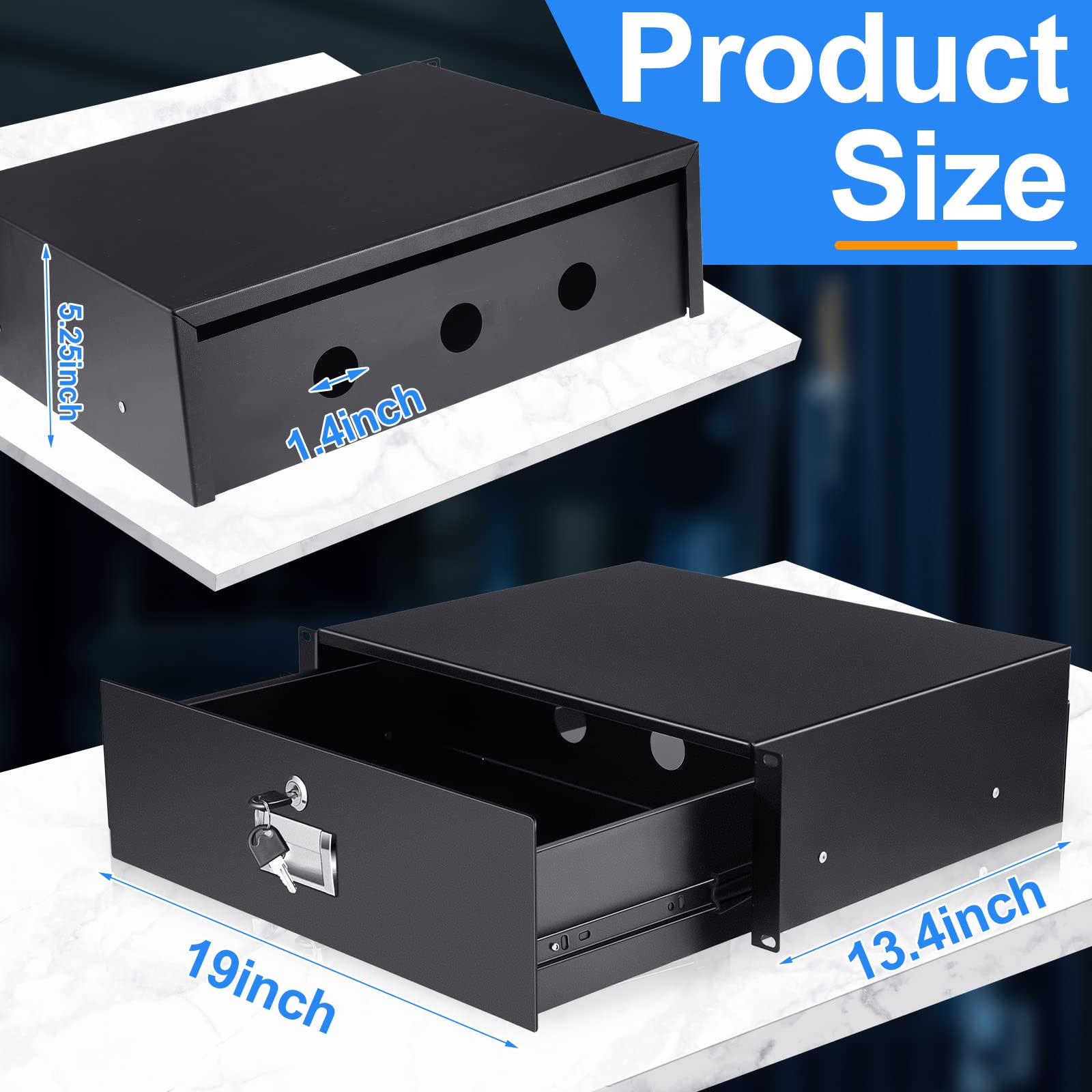 Server Cabinet Case Drawer Metal Rack Mount Tool Drawer 19 Inch Rack Mount DJ Locking Lockable Deep Drawer with Key for Enclosure Server Rack Cabinet Black (3U)