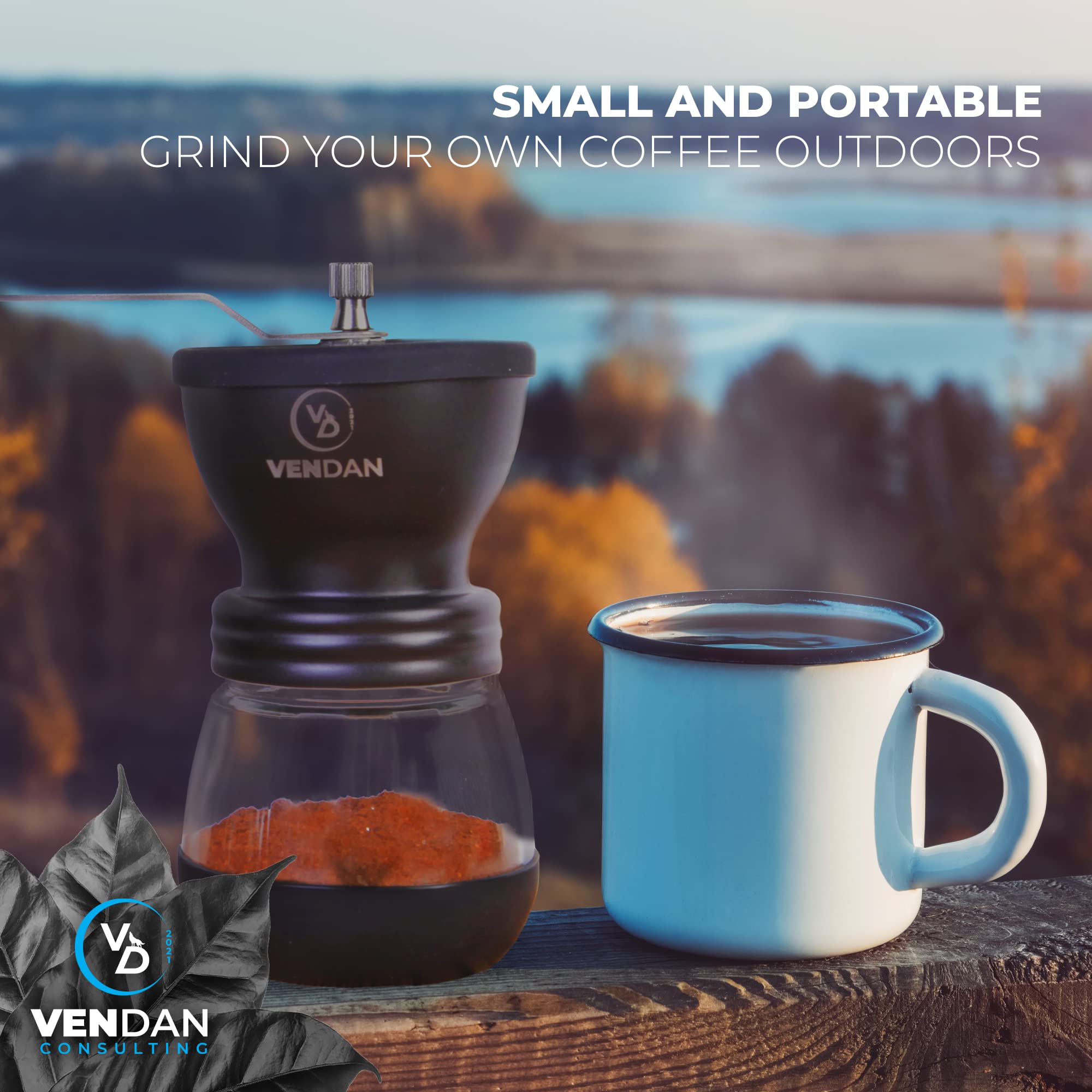 VenDan Manual Coffee Grinder - Hand Crank Coffee Grinder with Travel Jar - Coffee Bean Grinder - Incl. Coffee Scoop & Cleaning Brush - Molino de Cafe