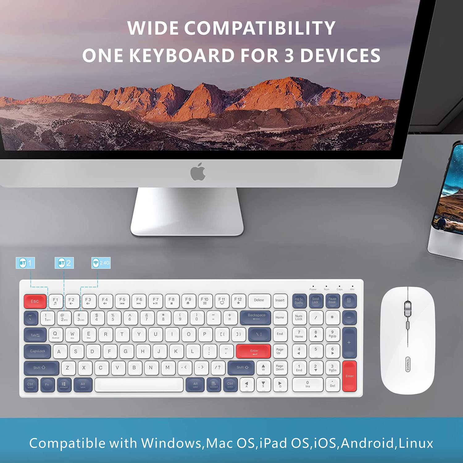 TENMOS K09 Wireless Keyboard and Mouse, Bluetooth (BT5.0+4.0+2.4G) Rechargeable Silent Keyboard & Mouse Combo for Laptop PC Mac OS/iOS/Windows/Android (White)