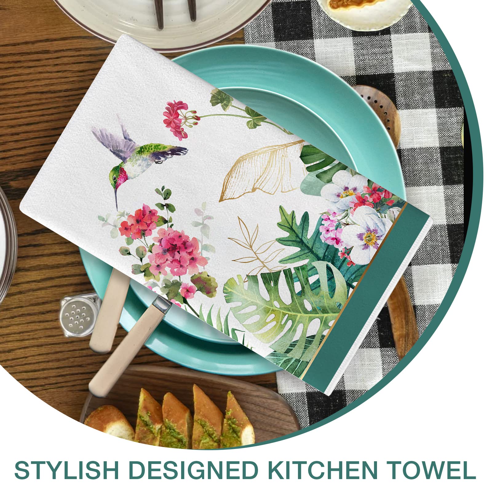 Seliem Summer Hummingbird Geranium Flower Bird Kitchen Dish Towel 2 Pack, Tropical Palm Leaf Monstera Plant Floral Hand Drying Baking Cloth, Spring Botanical Greenery Green Decor Home Decoration 18x26