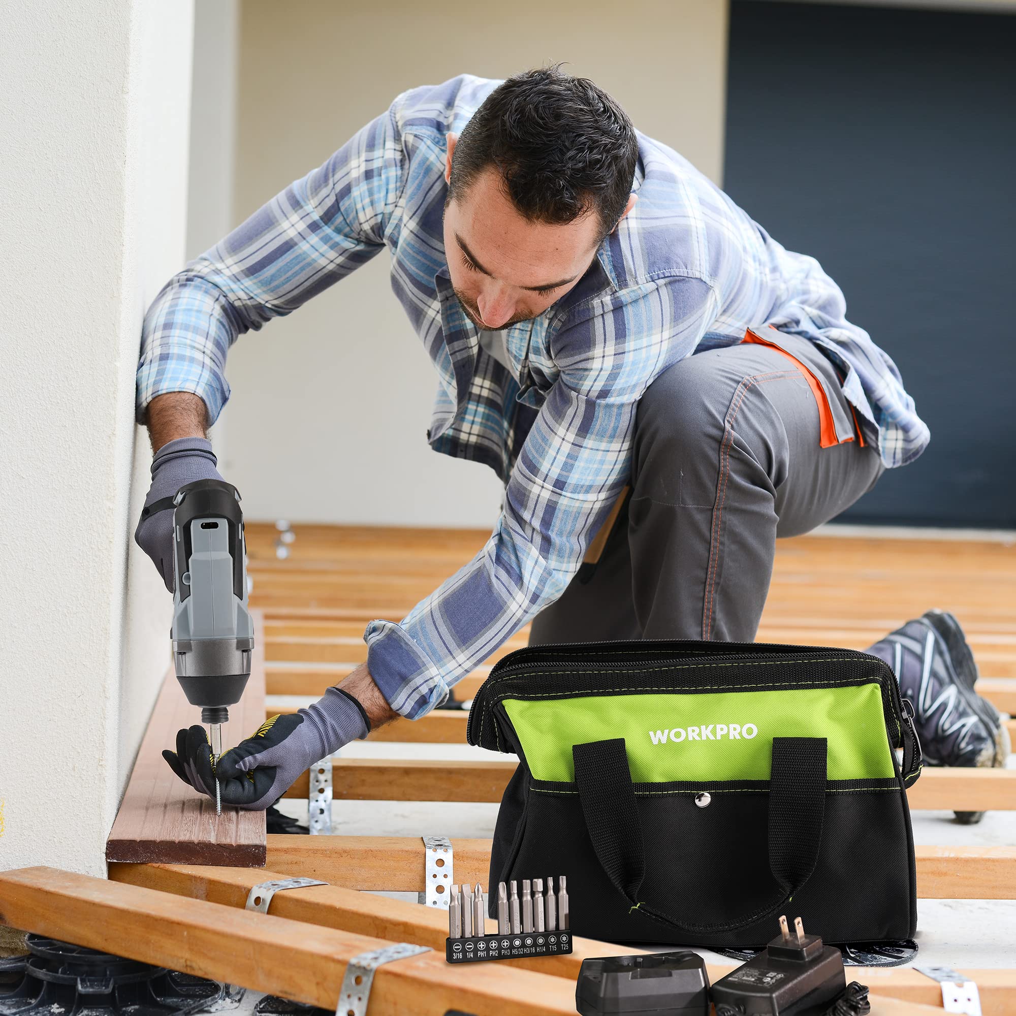 WORKPRO Cordless Impact Driver Kit, 1/4β Hex Electric Impact Drill/Driver Set with 12V 2.0Ah Lithium-ion Battery, 1 Hour Fast Charge, Variable Speed, 14pc Driver Bits and Tool Bag Included