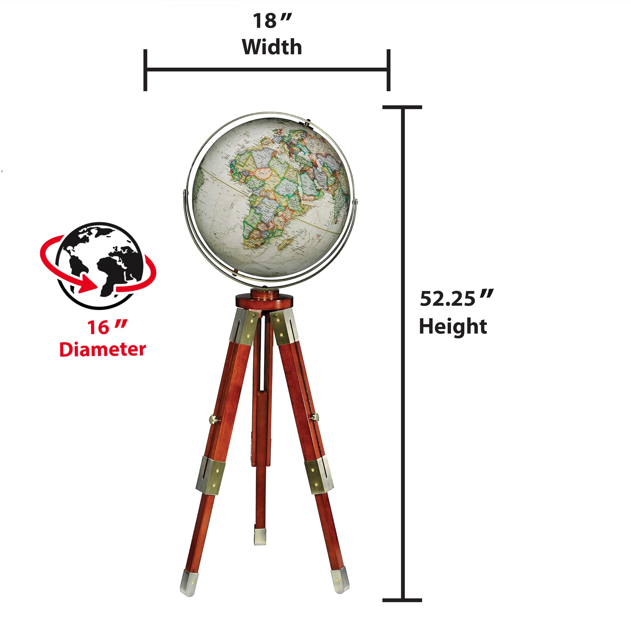 National Geographic Eaton 16" Diameter Floor Globe with Adjustable Legs and Brass Plated Meridian and Fittings