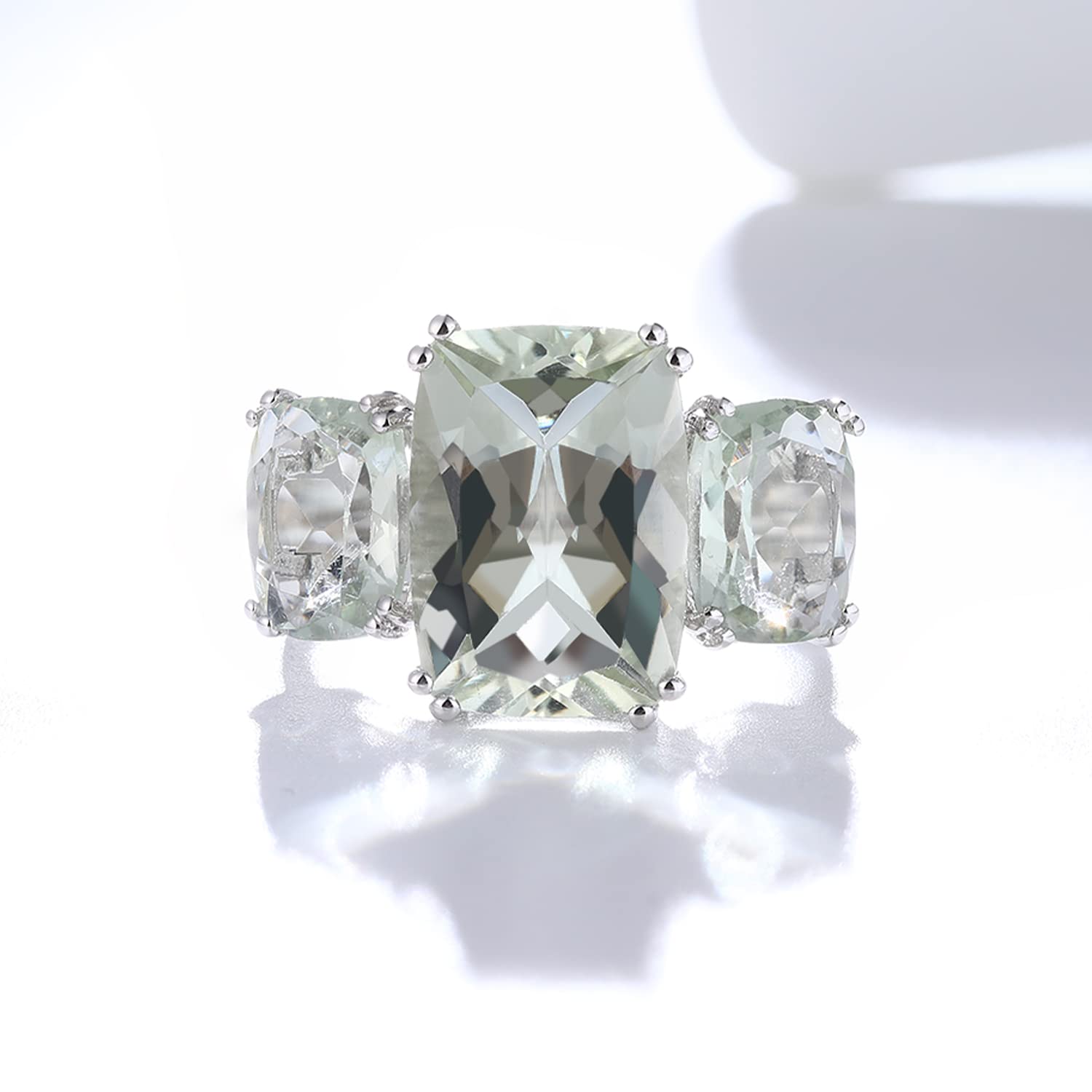supermodel 10 Ct Natural Green Amethyst 3 Stone Statement Ring for Women 925 Sterling Silver Rhodium Plated Solitaire Promise Ring Gift for Anniversary Valentines Day Size 7