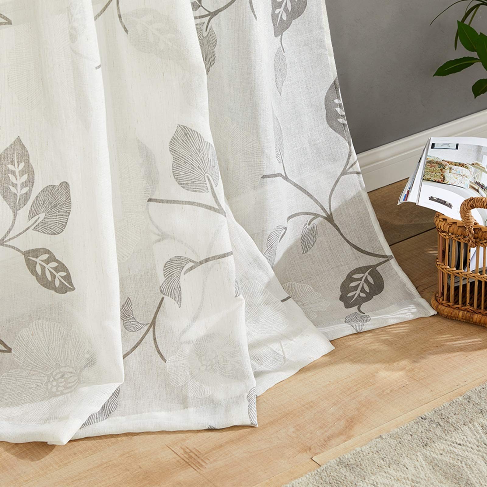 MRTREES Sheer Printed Valance Curtains for Kitchen Windows, Small Modern Rod Pocket Voile Valance Window Treatment Decor for Bathroom Basement(1 Pack, 54" W x 16" L, White with Grey Floral Pattern)