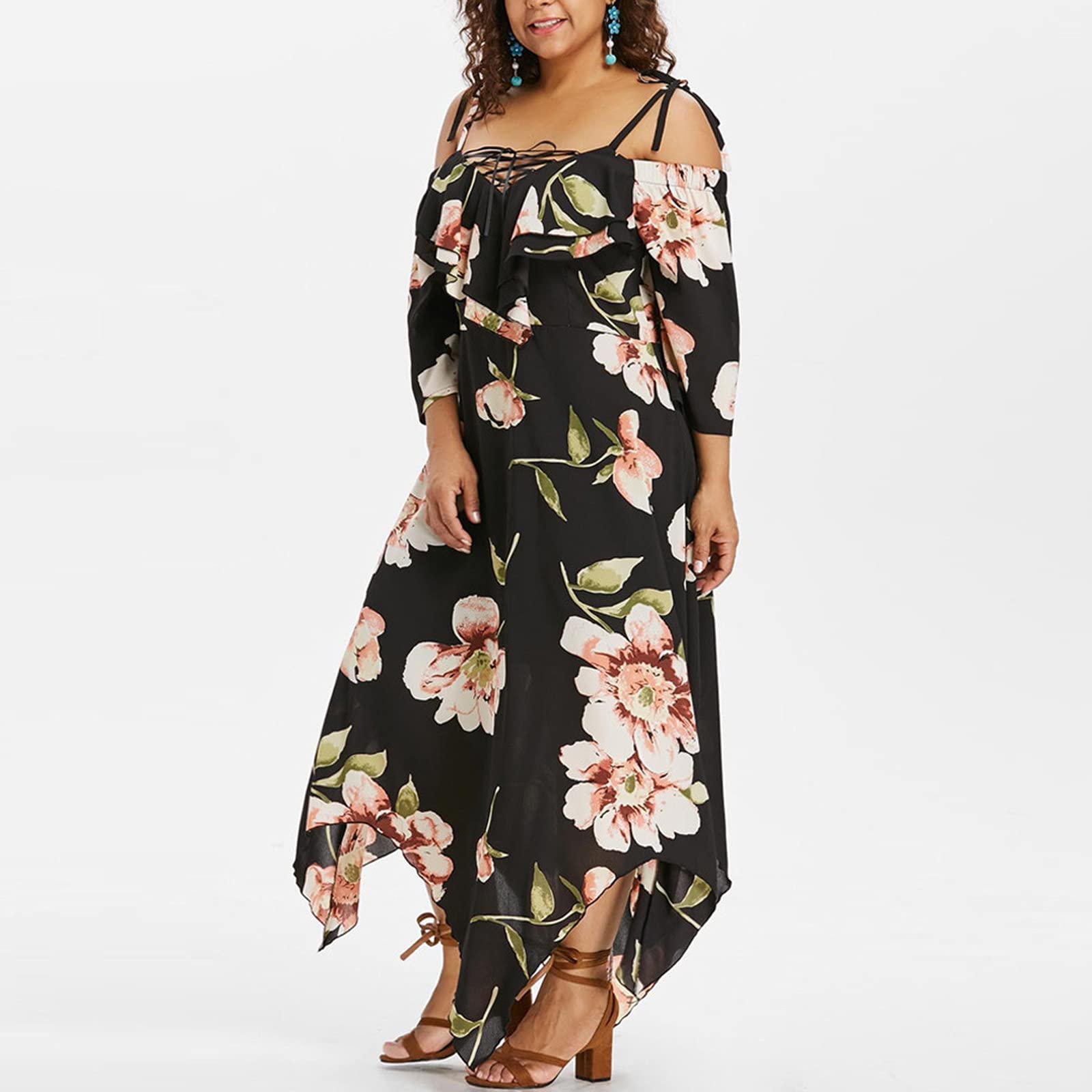 Women's Plus Size Dresses Summer Boho Beach Vacation Dress Off Shoulder Lace Up Maxi Dress Floral Flowy Long Dress