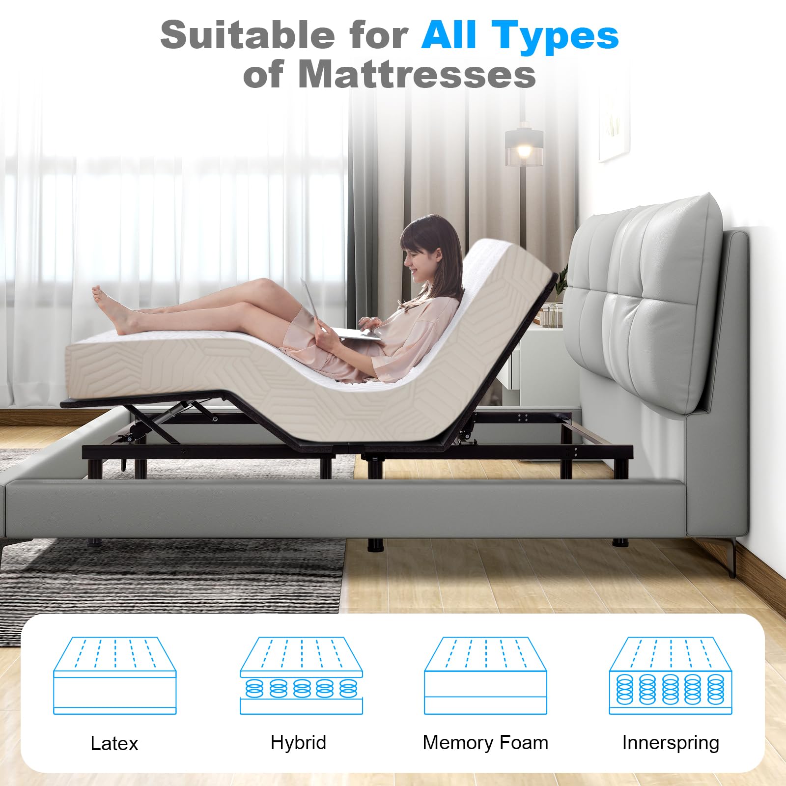 MUUEGM Adjustable Bed Frame Base with Mattress Split King,8 Inch Memory Foam Mattress,Wireless Remote,Electric Bed Base Ergonomic Head & Foot Incline,Zero Gravity,Anti-Snore,Quiet Motor,Quick Assembly