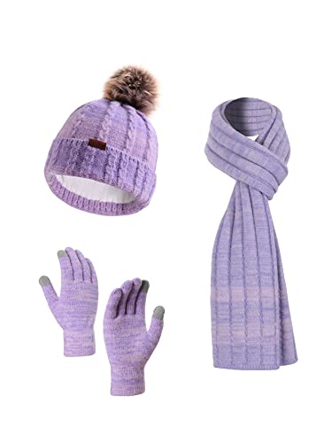 NATUST 3 Pieces Winter Knit Beanie Hat Warm Scarf and Touch Screen Gloves Set Warmer Gloves Set with Fleece Lined Purple