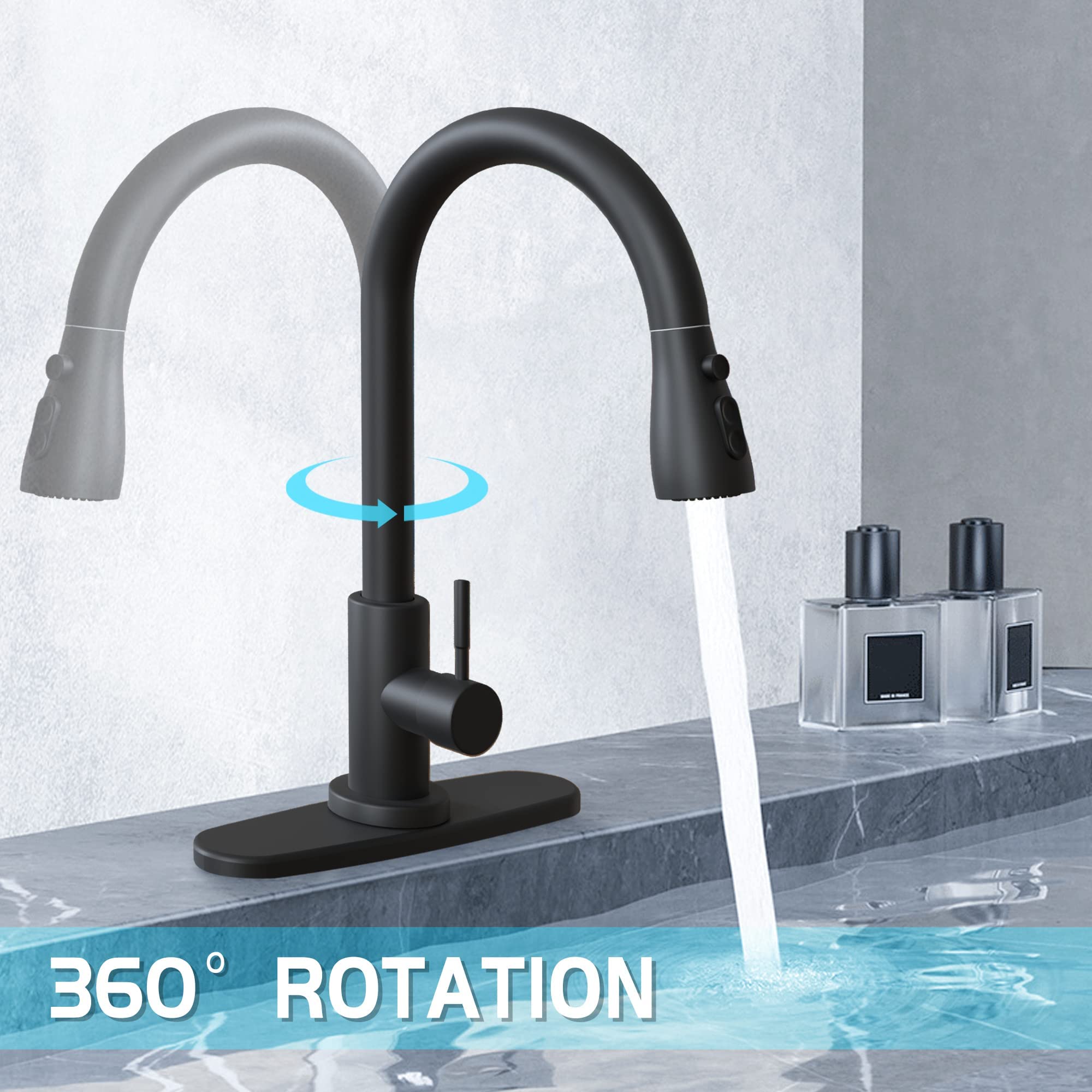 RBSTOSTO Black Kitchen Faucets-Kitchen Sink Faucet -Kitchen Faucet with Pull Down Sprayer-Stainless Steel-with Deck Plate 16 Inches RB999