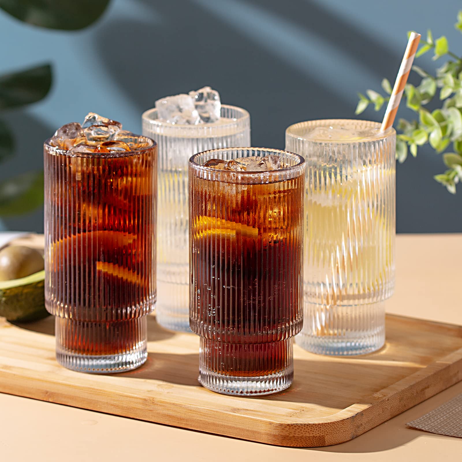 SUNNOW Vastto 11 Ounce Stackable Ribbed Glass Cup,Iced Tea Glasses for Water, Beverage,Juice, Wine,Beer and Cocktail,Set of 4