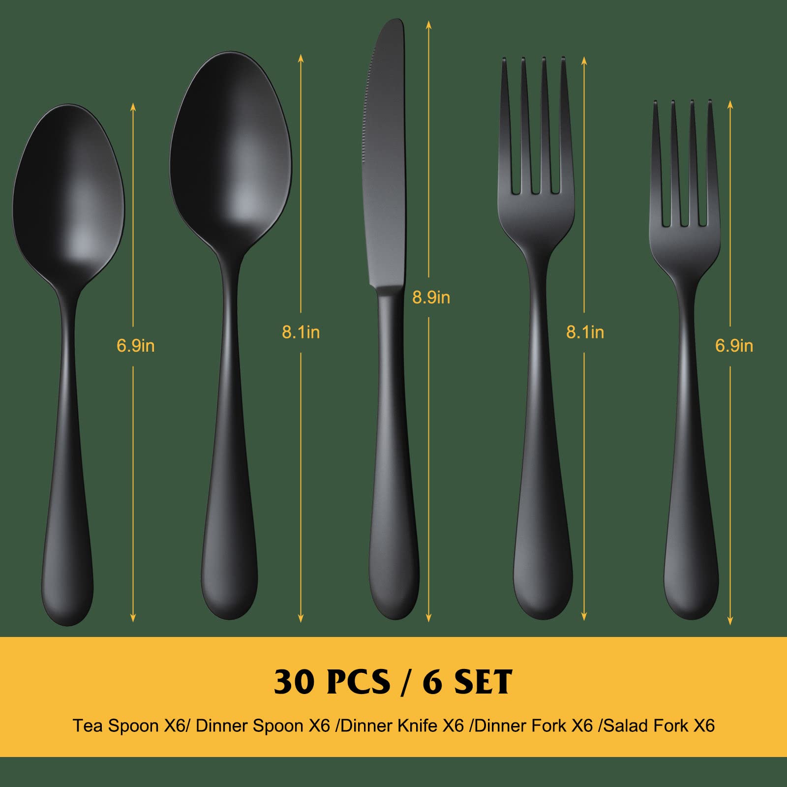 Moretoes Black Cutlery Set, 30pcs, Black Silverware Set, Matte Black Silverware Set, Stainless Steel Cutlery Set for 6, Black Cutlery Set