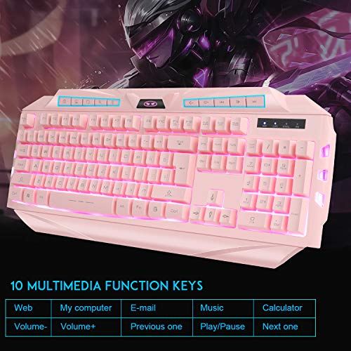 Pink Gaming Keyboard and Mouse Combo,MageGee GK710 Wired Backlight Pink Keyboard and Pink Mouse for Girl,PC Keyboard and Adjustable DPI Mouse for PC/Laptop/MAC(Pink)