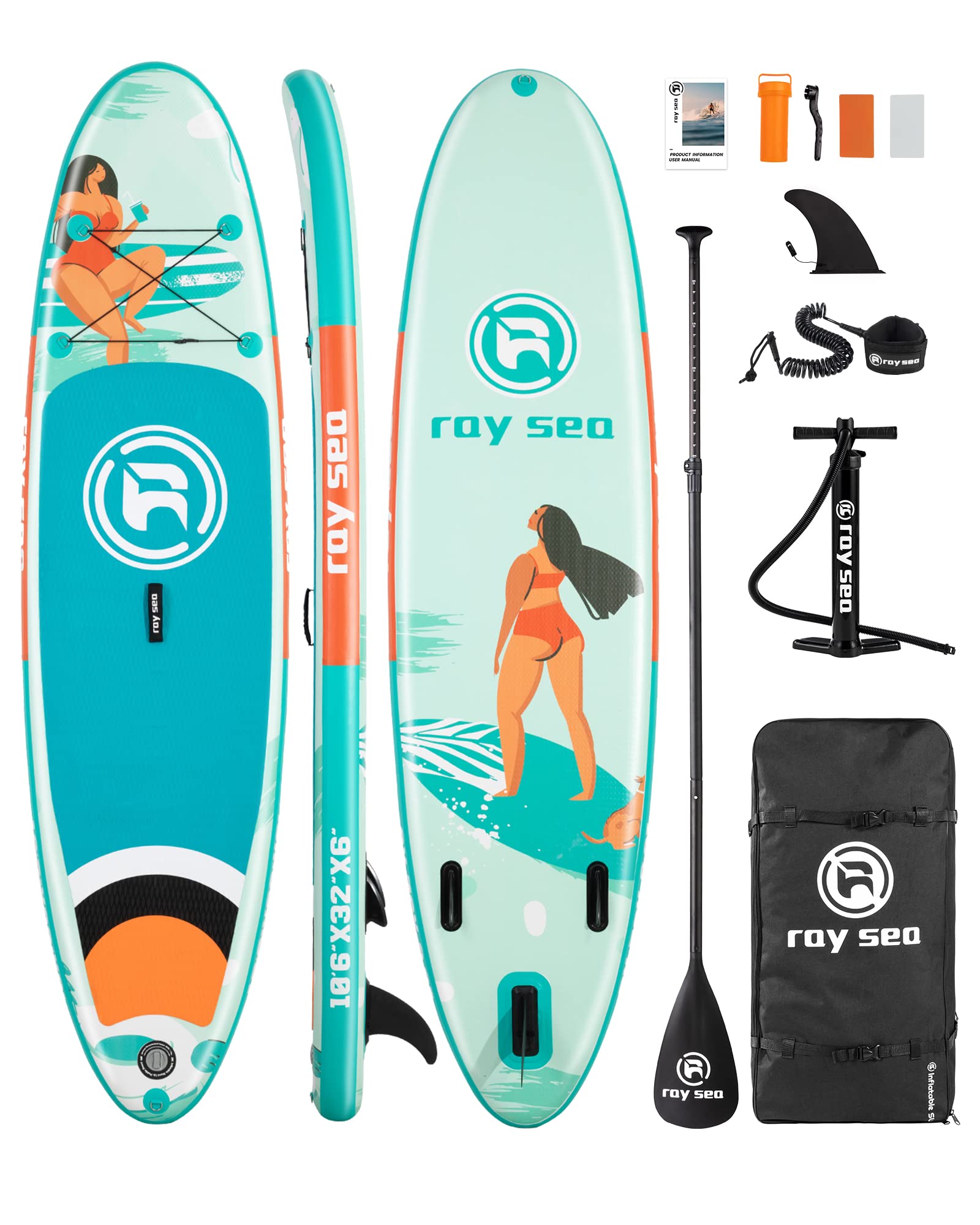 RAYSEA Inflatable Paddle Boards, 10'6'' Stand Up Ultra-Light SUP for All Skill Levels, w/Accessories Backpack, Anti-Slip Deck, Leash, Adjustable Paddle and Hand Pump, Waterproof Bag