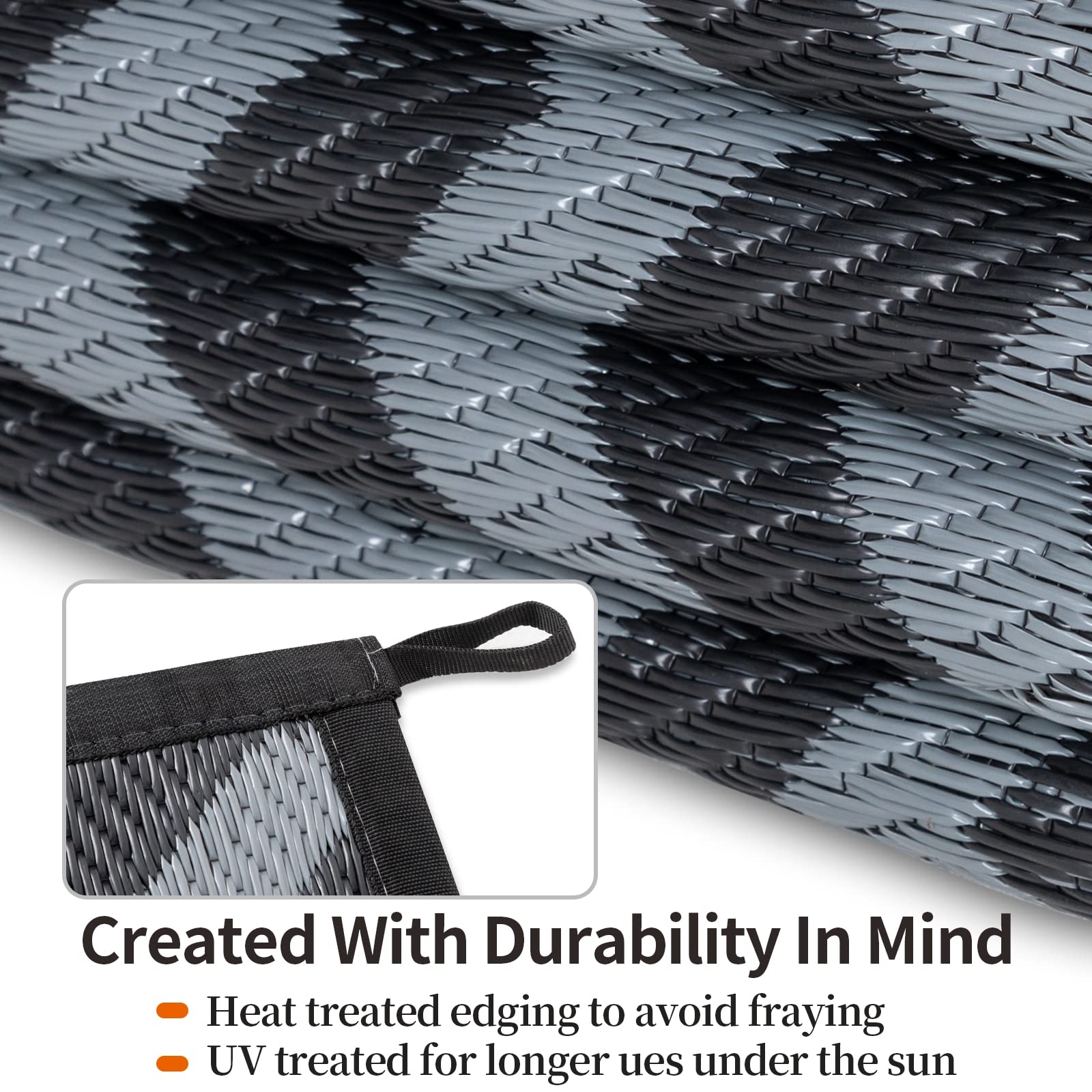 Mymytee Reversible Rugs Plastic Patio Area Rugs, 5x8FT Lightweight Outside I-Shaped Mats for Patio, Straw, RV Camping, Beach and Picnic (Black + Grey)
