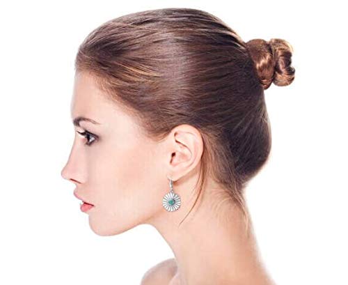 Native American South Western Concho Carved Petal Flower Blossom Blue Turquoise Lever Back Dangle Earrings Women .925 Sterling Silver