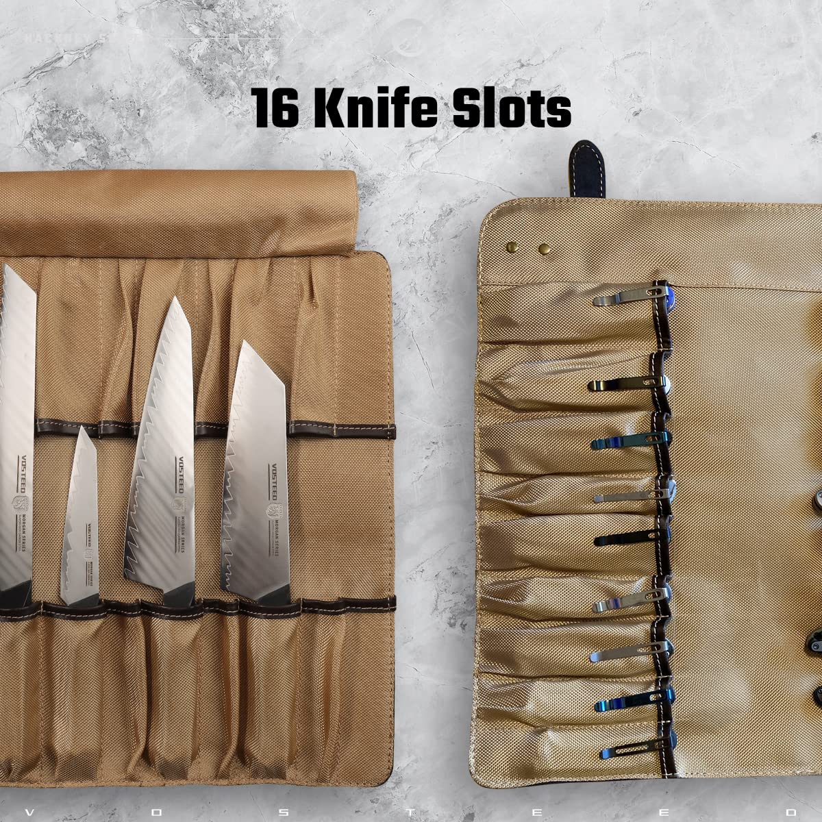 Vosteed Leather Knife Roll Bag - Chef Knife Storage Bag with 16 Slots, Lightweight Kitchen Knife Carrying Roll Case for Chefs Professional, Multi Purpose Knife Wrap Roll Holders for Kitchen Utensils