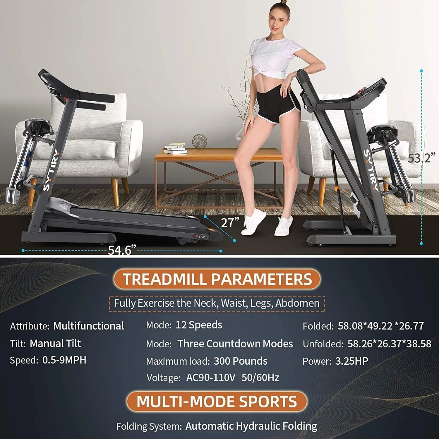 Treadmill 300 lb Capacity, Foldable Treadmill with Massage Head, Smart Electric Folding Treadmill Home Fitness Equipment with Incline TR12101