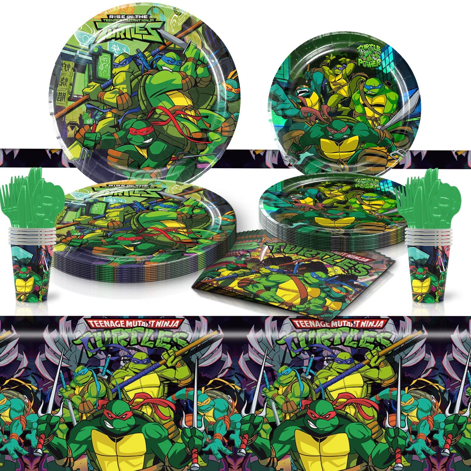 Turtle Theme Party Decorations, 82 PCS Cartoon Turtle Party Tableware Set, Cartoon Turtle Party Supplies Includes Plates, Napkins, Tablecloth,Cups, Knives, Forks, Spoons for Kids' Birthday