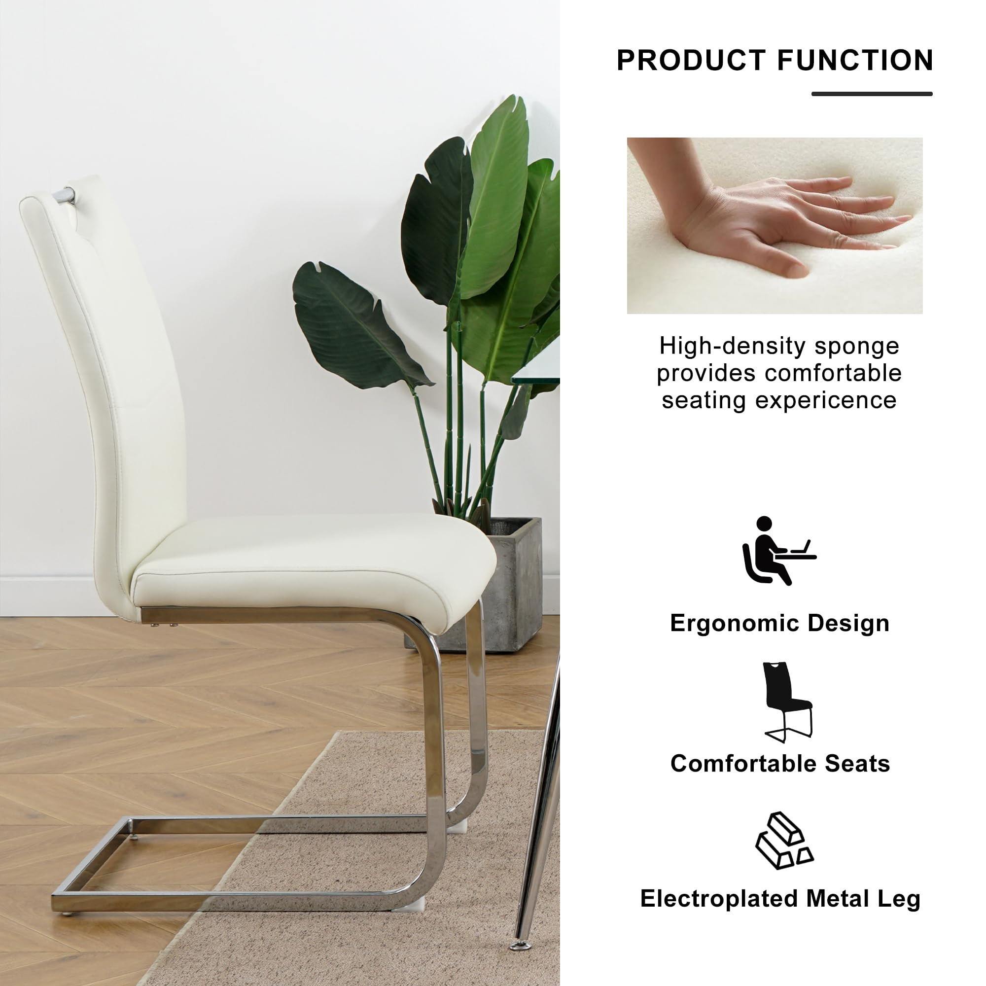 Modern Dining Chairs Set of 4 High Back Kitchen Chair with Stainless Legs 4 Piece PU Leather Chairs with Padded Seat for Dining Room Living Room Restaurant White