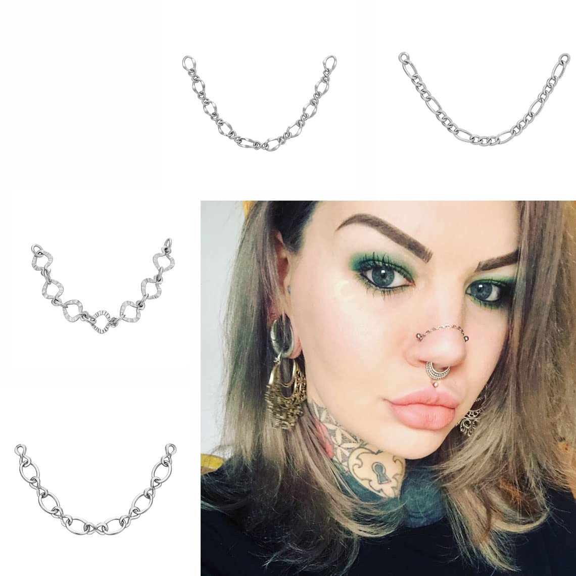 RAMUS KATEN 925 Sterling Silver Plated Nostril Jewelry Set β 3mm Nose Bone Rhinestone Studs and 6pcs Chain 4.0cm