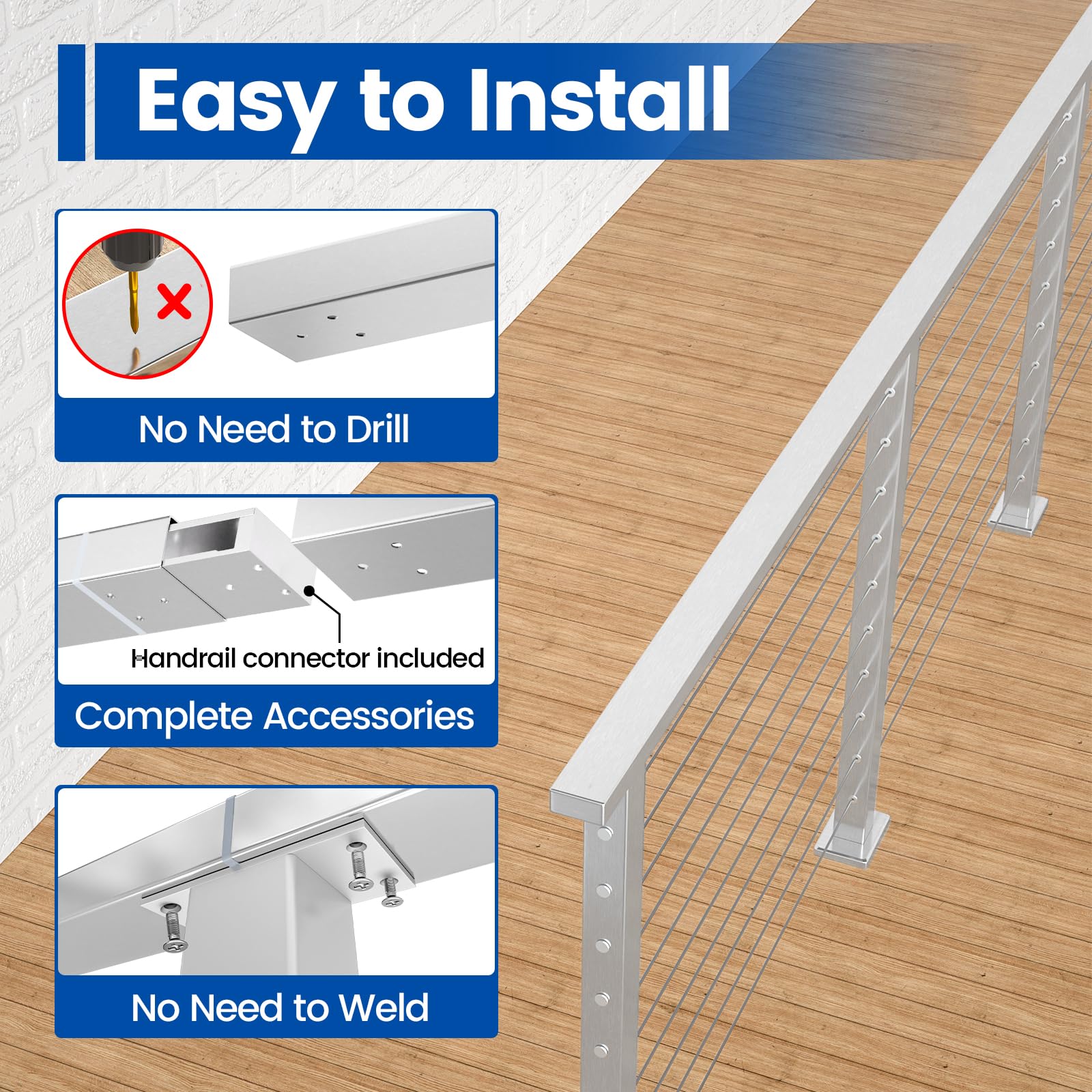 Muzata 6'6" Pre-drilled Stainless Steel Handrail with Extension Connector End Cap for Easy Installation Black Flat Handrail for Cable Railing System, HT14 BP4