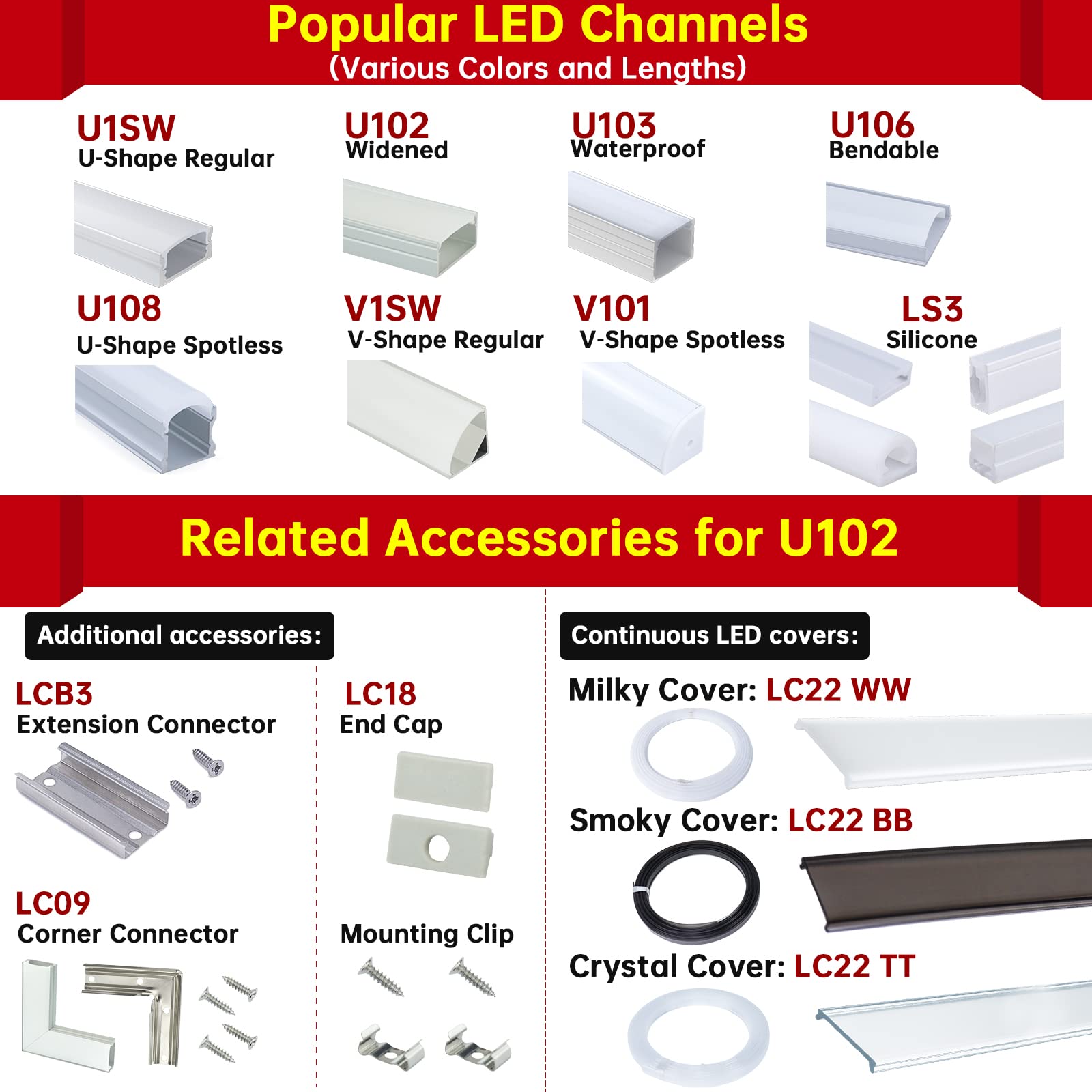 Muzata 6Pack 3.3FT/1M Wider LED Channel System with Milky White Cover Silver Aluminum LED Strip Channel for Waterproof LED Strips up to 16mm U102 WW