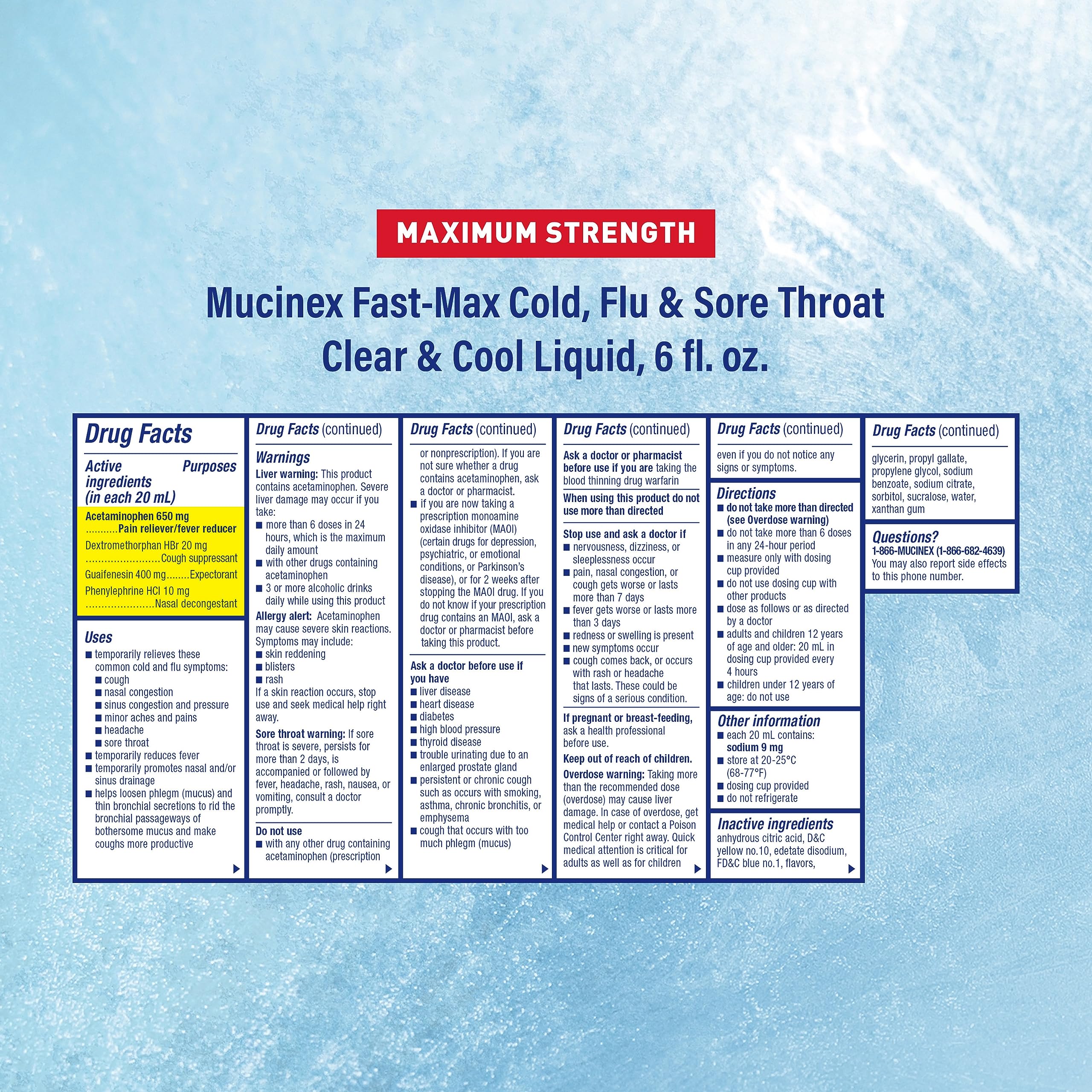 Mucinex Fast-Max Clear & Cool Cold, Flu, Sore Throat Liquid, 6oz
