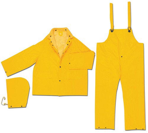 MCR Safety 2403XL Classic Plus PVC/Polyester 3-Piece Corduroy Collar Rain Suit with Detachable Hood and Bibpant, Yellow, X-Large