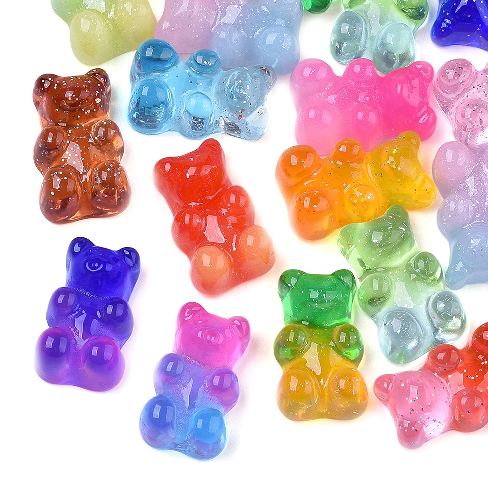 Pandahall 200Pcs Colorful Gummy Bear Cabochons with Glitter Powder Two Tone Flatback Resin Bear Candy Beads Charms 18x11x8mm for Nail Art Decoration & Jewelry Making (Mixed Color)
