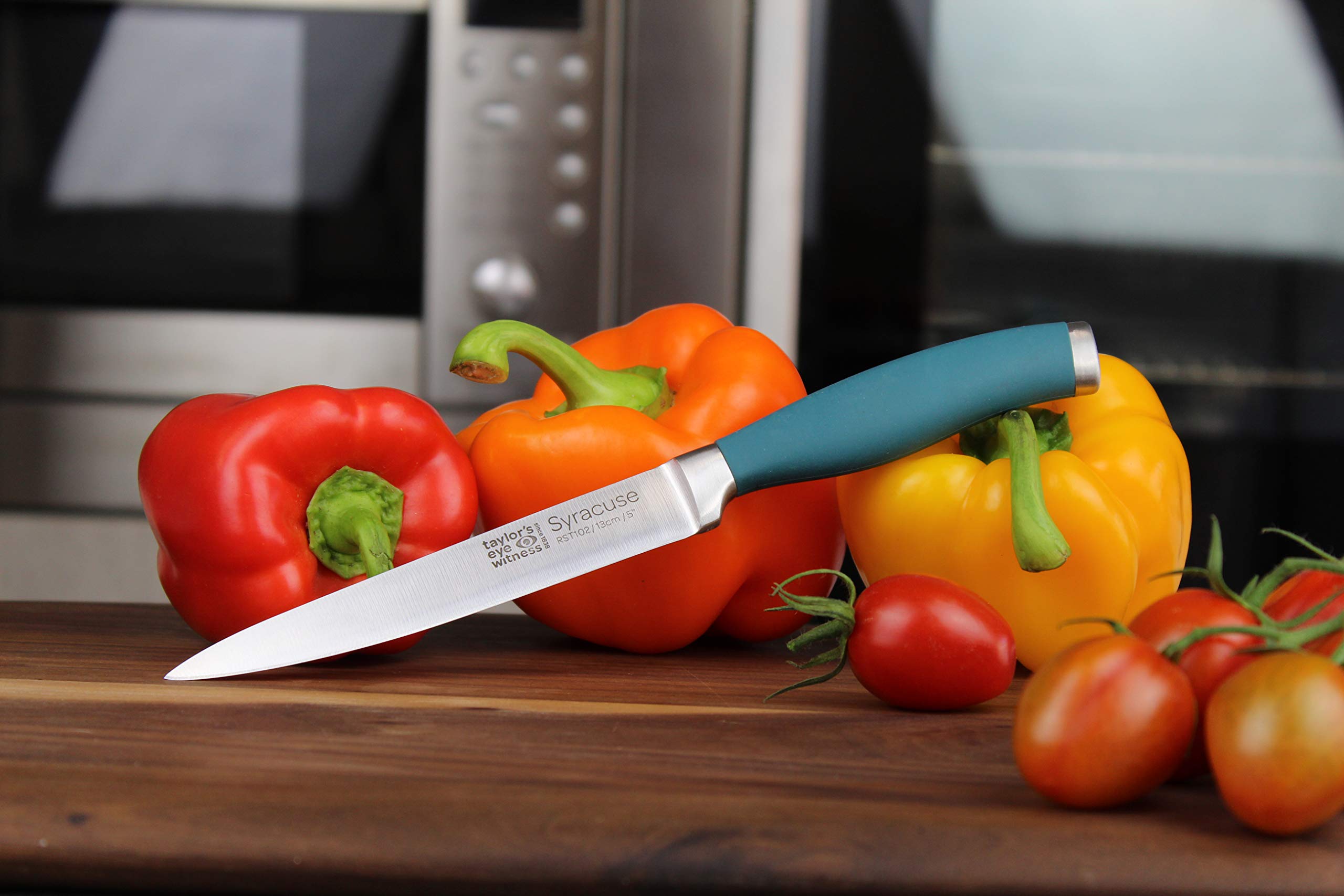 Taylors Eye Witness Syracuse Asian Kitchen Knife Set - Chefs Santoku 13cm/5β & Cooks All Purpose 13cm/5β Cutting Edge, Multi Use. Ultra Fine, Razor Sharp Blade. Soft Grip Air Force Blue handle.
