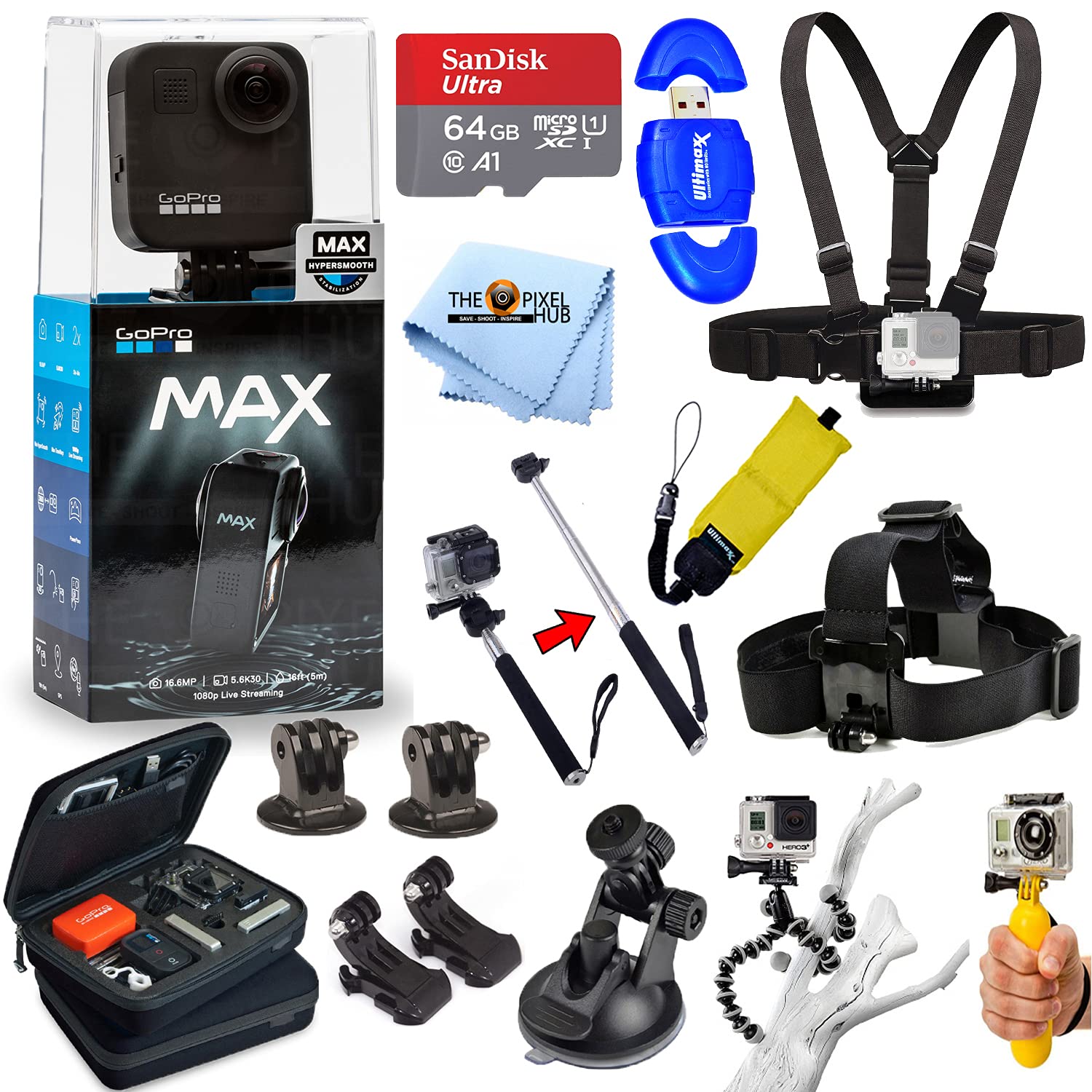 Pixel Hub GoPro MAX 360 Action Camera All in 1 PRO Accessory Bundle Includes: Extreme 64GB MicroSD, Head and Chest Strap, Floaty Bobber, Selfie Stick, Carry Case and More
