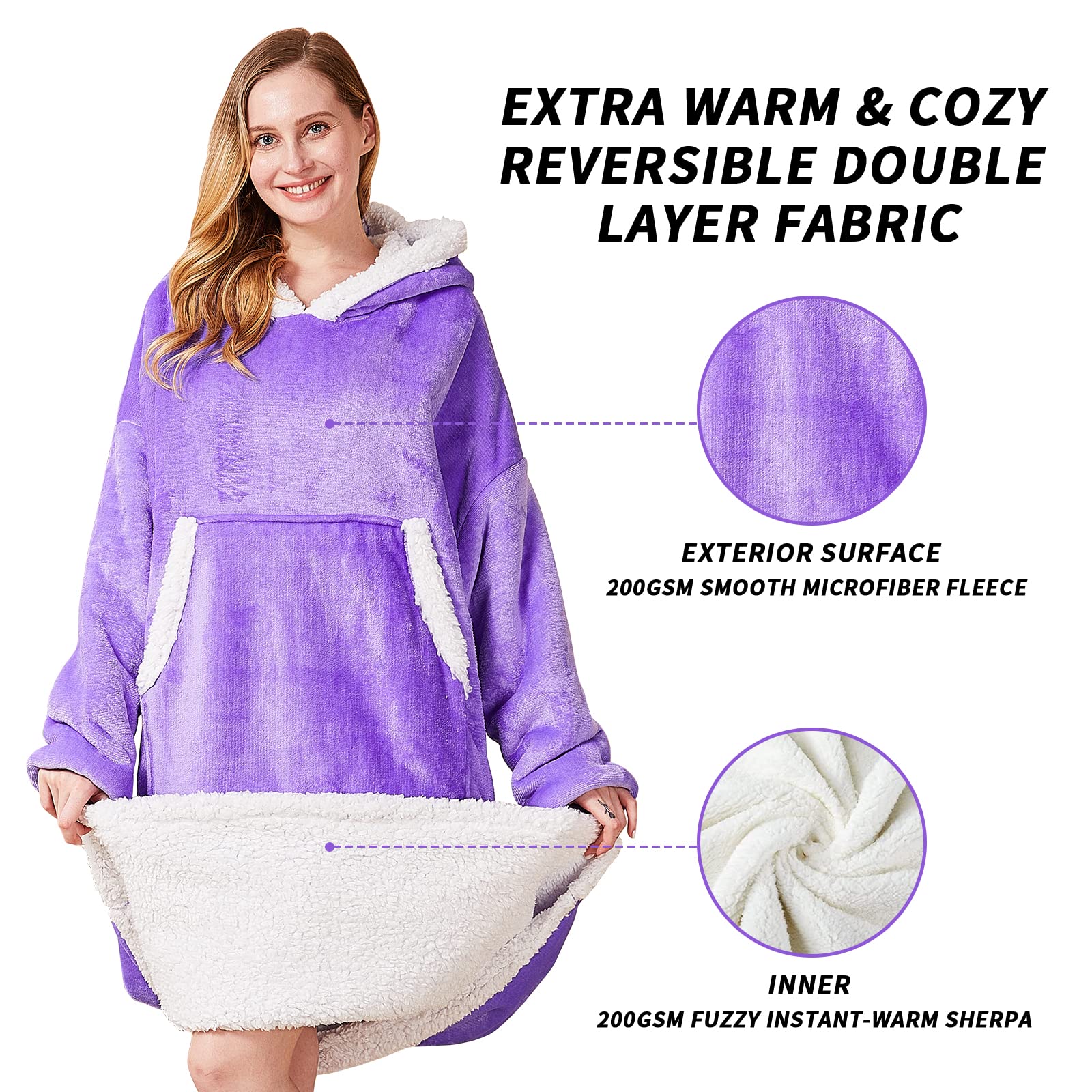 Oversized Sherpa Wearable Blanket Hoodie, Pullover Sweatshirt Warming Blanket for Women Gift Idea for Adults Teens Men, Navy, One Size