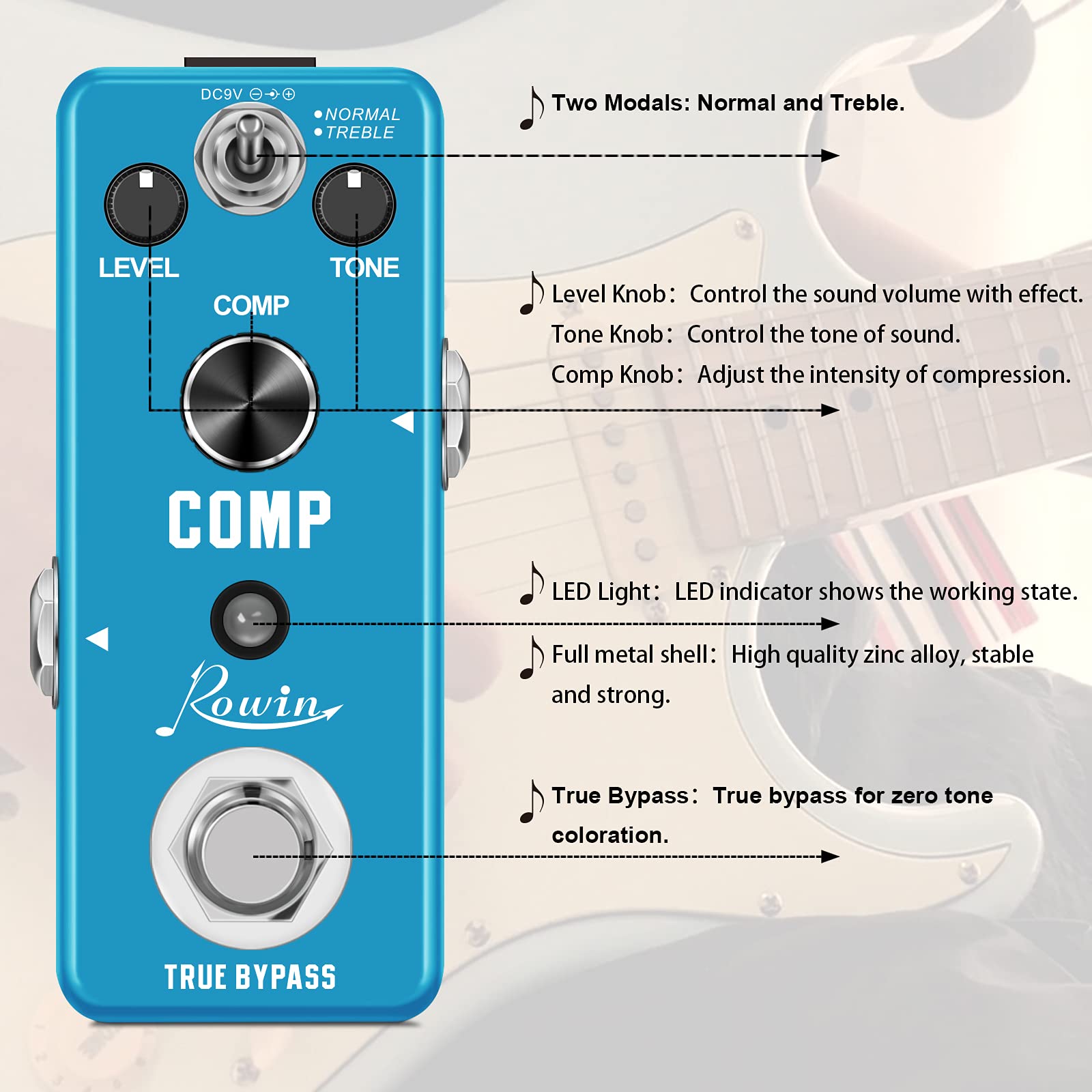 Rowin Compressor Pedal Ultimate Comp Guitar Effect Pedals True Bypass