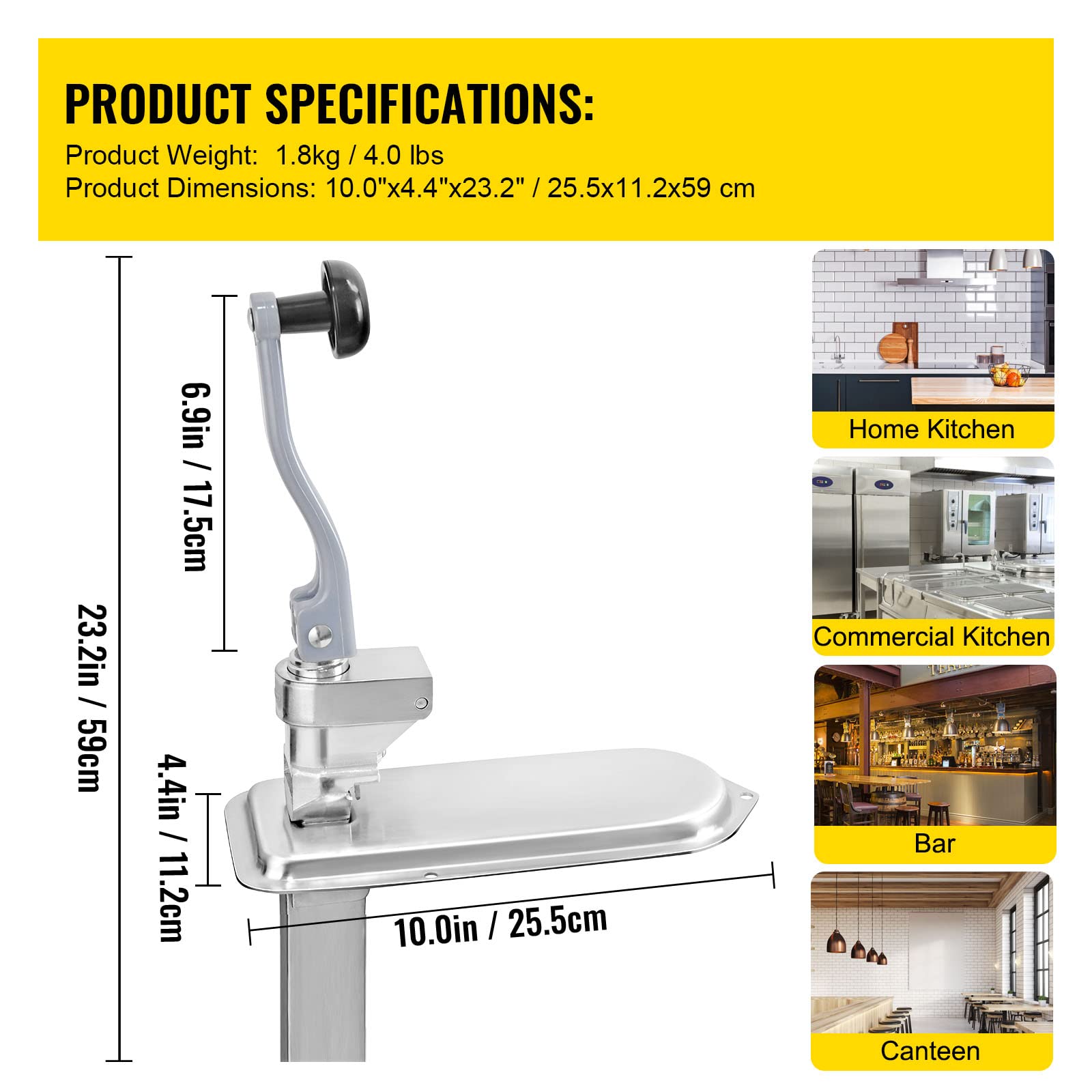 VEVOR Commercial Can Opener, 23.2"/59cm Long, Stainless Steel Manual Table Can Opener for Up to 15.7"/40cm Tall, Fixed with Clamp or Screws, Ergonomic Swing Handle & One Spare Knife, for Restaurants