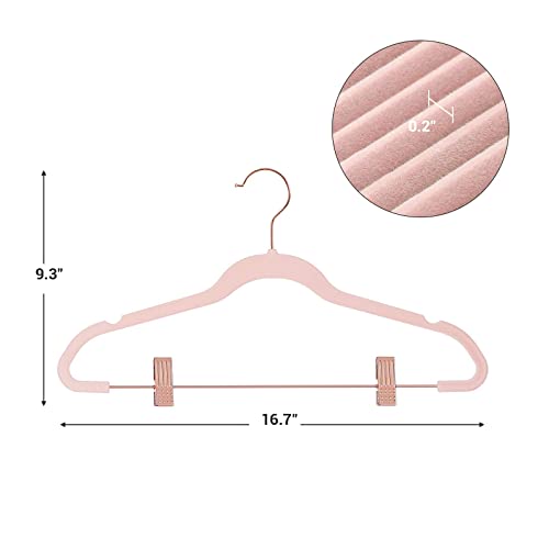 SONGMICS 24 Pack Pants Hangers, 16.7 Inch Coat Hangers with Rose Gold Colored Movable Clips, Heavy-Duty, Non-Slip, Space-Saving, for Pants, Skirts, Dresses, Light Pink UCRF14PK24