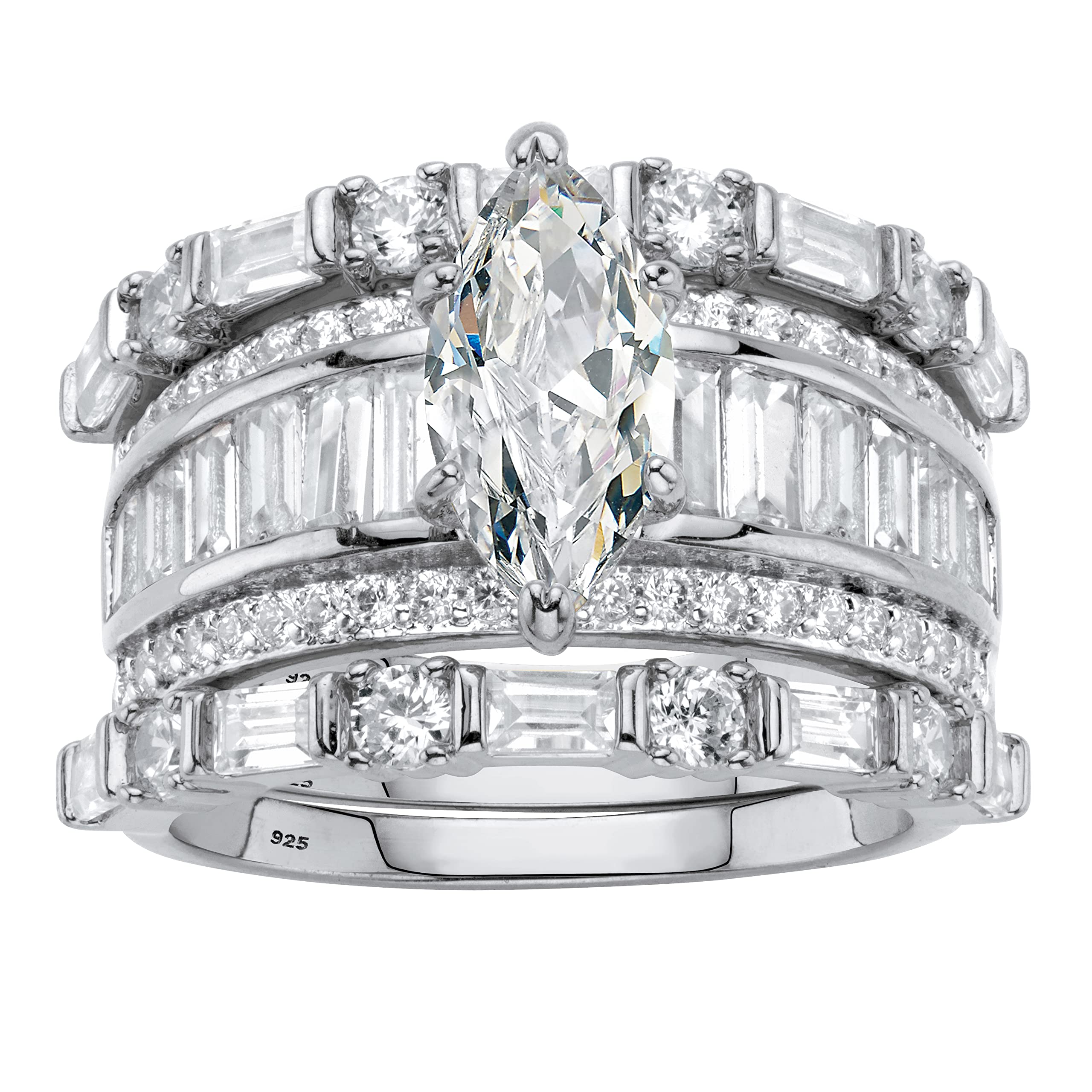 PalmBeach 14K Yellow Gold or Platinum Plated Sterling Silver Marquise and Baguette Cut Cubic Zirconia 3 Piece Bridal Ring Set Size 10
