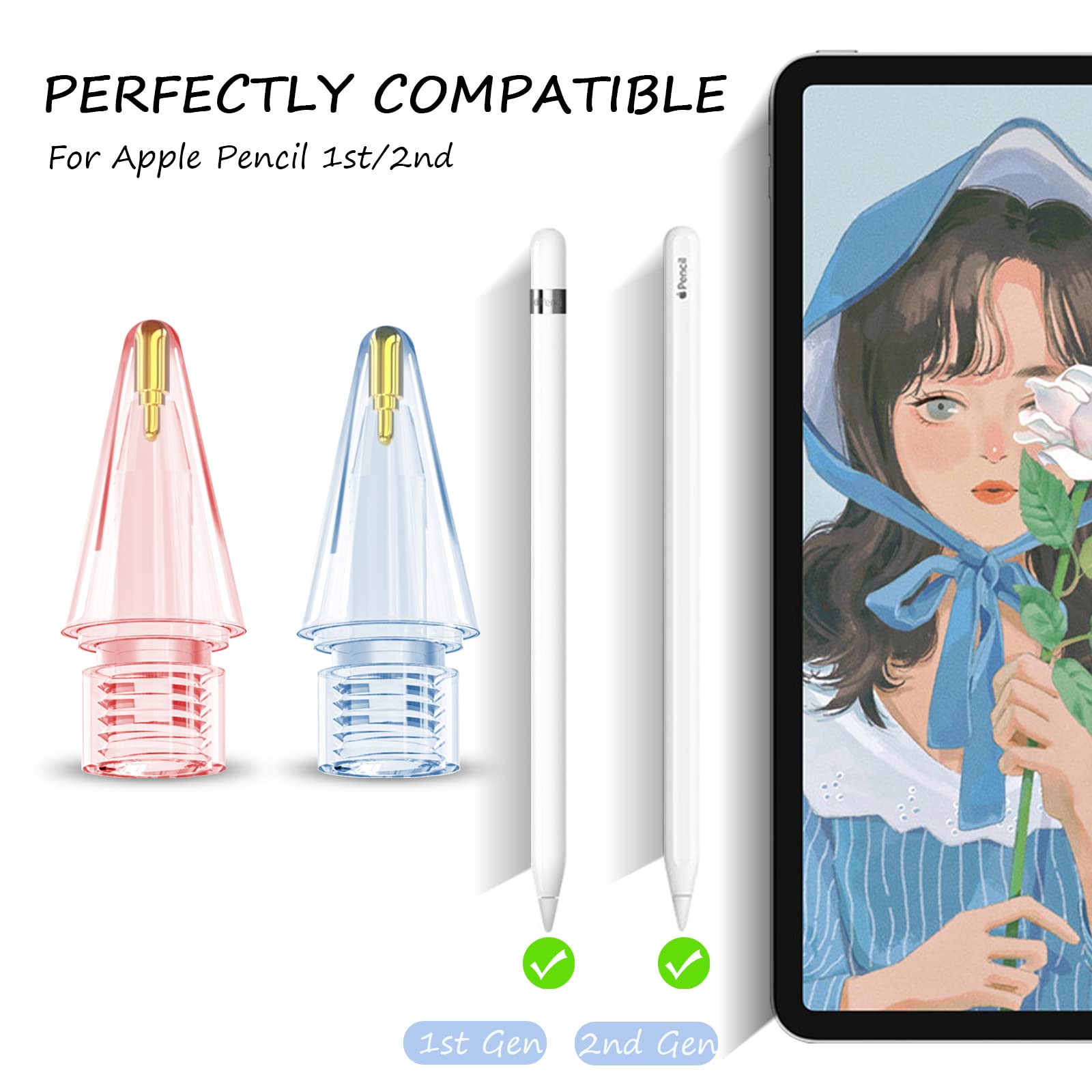 Upgraded 5 Pack Clear Pencil Tips for Apple Pencil 2nd and 1st Generation,0.75mm Metal Wear-Resistant Out Noiseless Fine Point Precise Control Pen Like Nibs for iPad Pro/Air/Mini