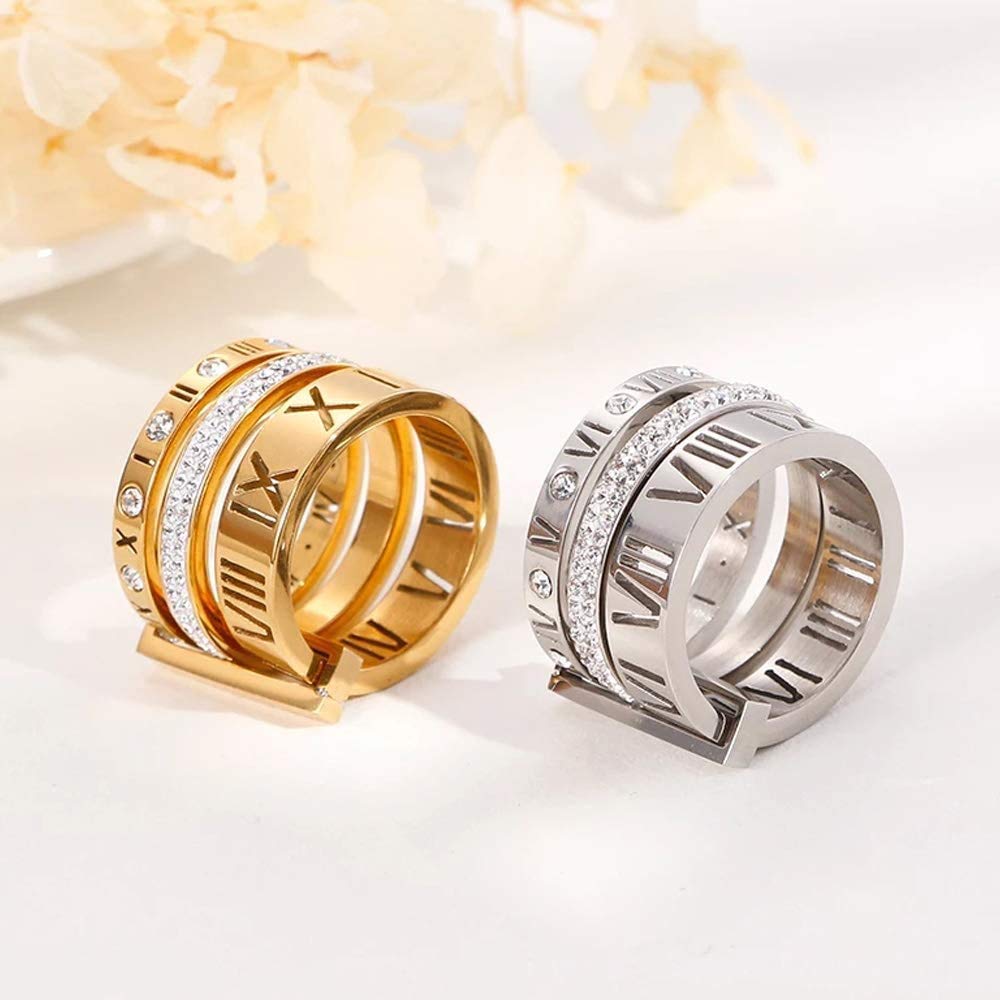 SINLEO Stainless Steel CZ Zirconia Roman Numeral Ring for Women 3 in 1 Trinity Wedding Band Spinner Rings Gold Size 8.75